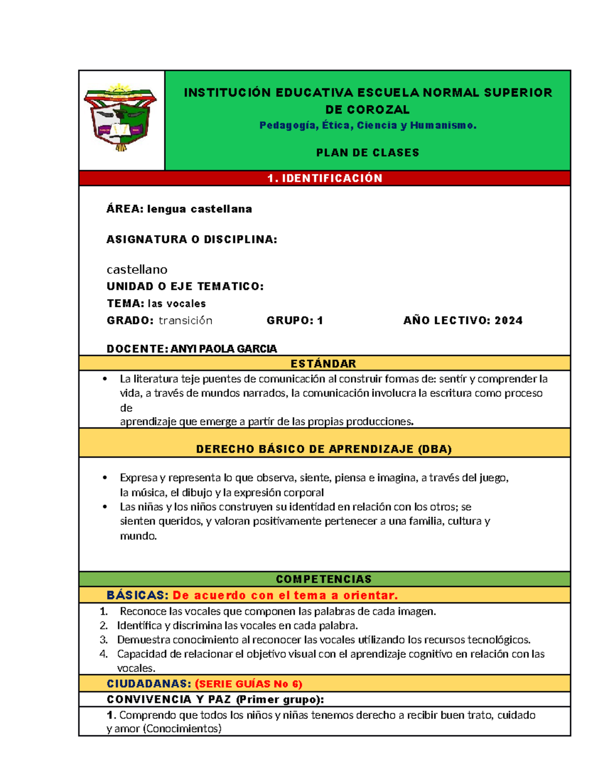 Plan de Clases: Las Vocales para Transición - Año 2024 (Docente Anyi ...
