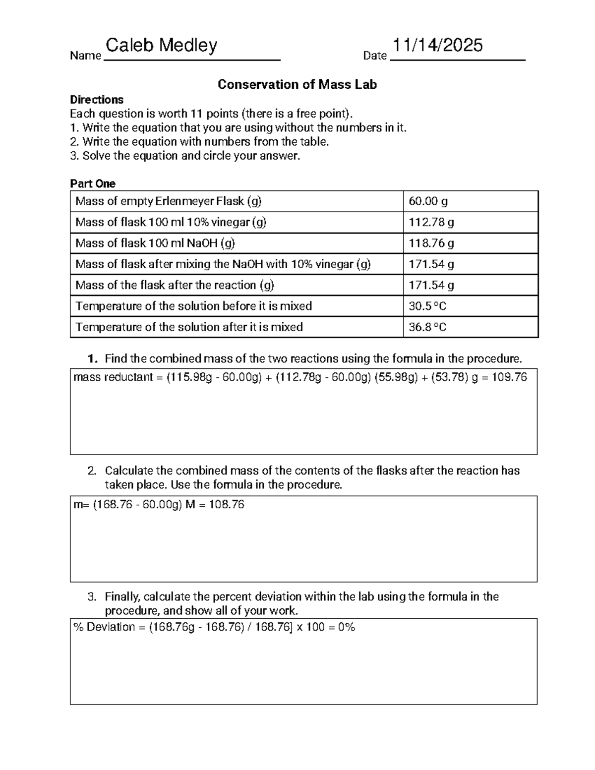 Conservation of Mass Lab (Chem 101) - Experiment Directions and ...