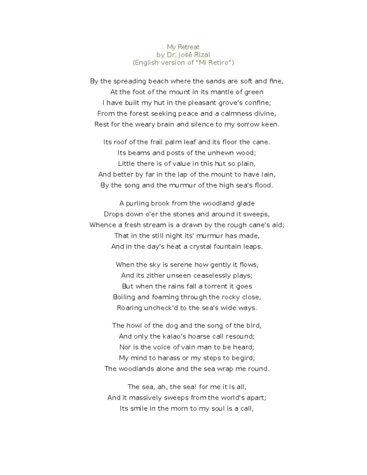 My Retreat (English Version) - Poem Analysis and Reflection - Studocu