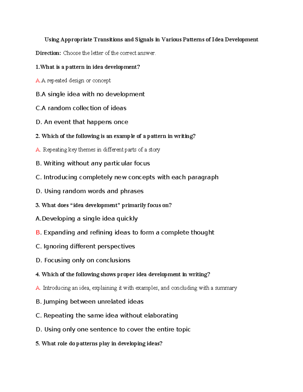 ENG 101: Patterns of Idea Development - Transitions & Signals Guide ...