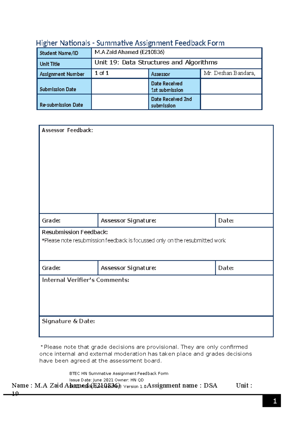 Unit 19: Data Structures and Algorithms - Summative Assignment Feedback ...