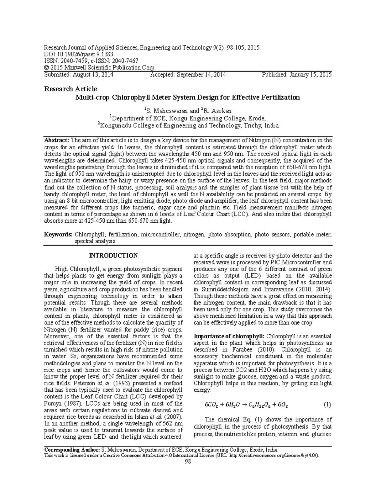 Multi-Crop Chlorophyll Meter Design for Effective Fertilization (RES 9 ...