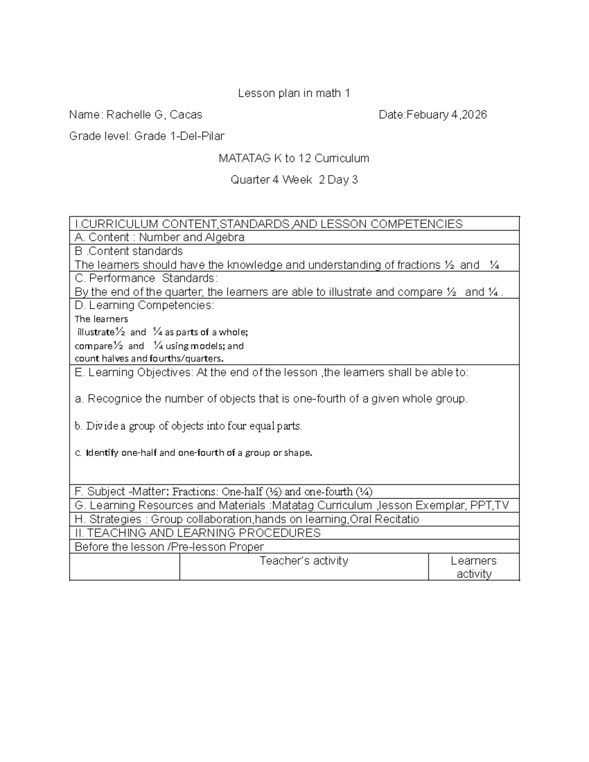 Lesson Plan in Math 1: Fractions (½ and ¼) - F5 - Studocu