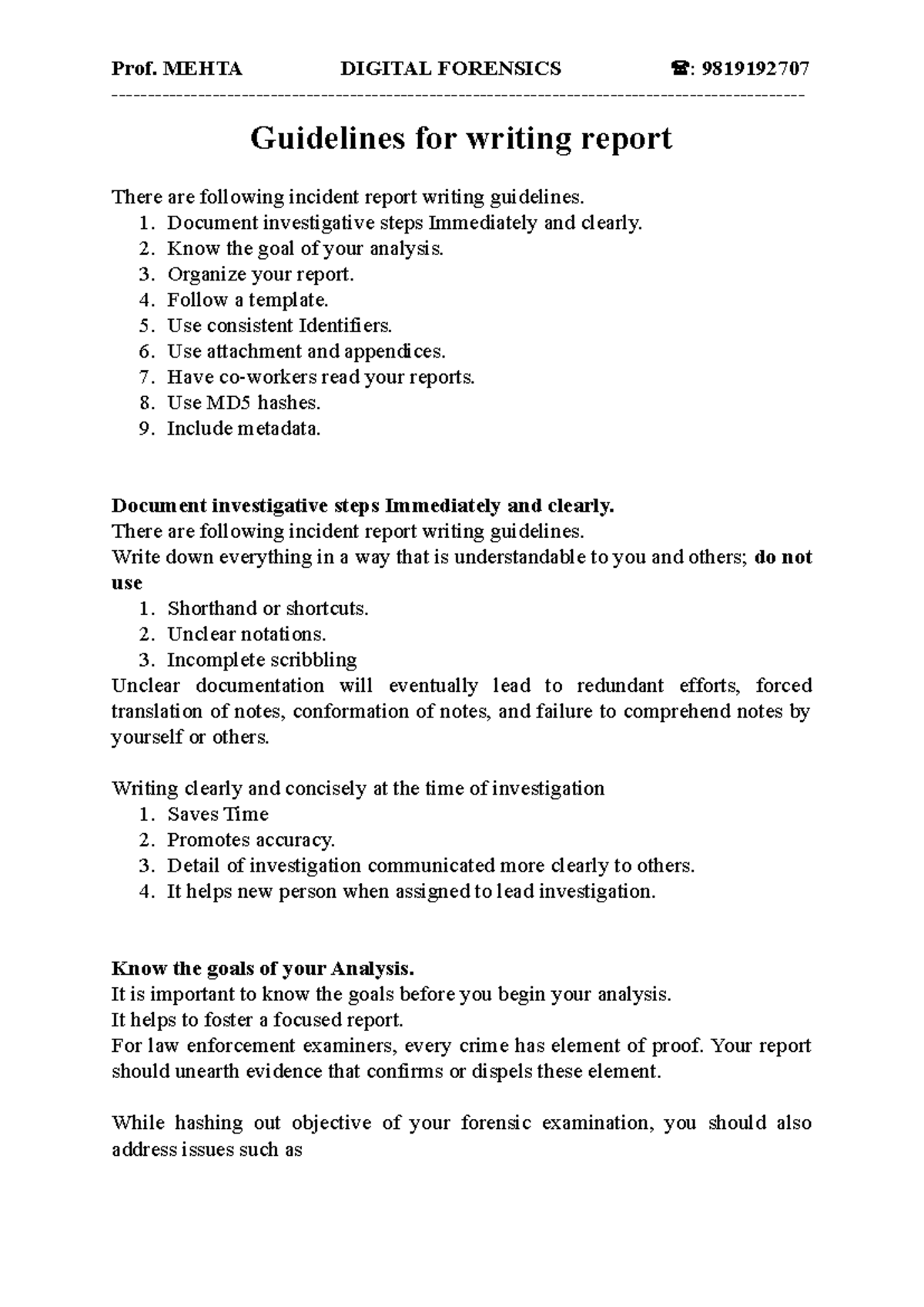 Prof. MEHTA DIGITAL FORENSICS 9819192707 Incident Report Writing ...