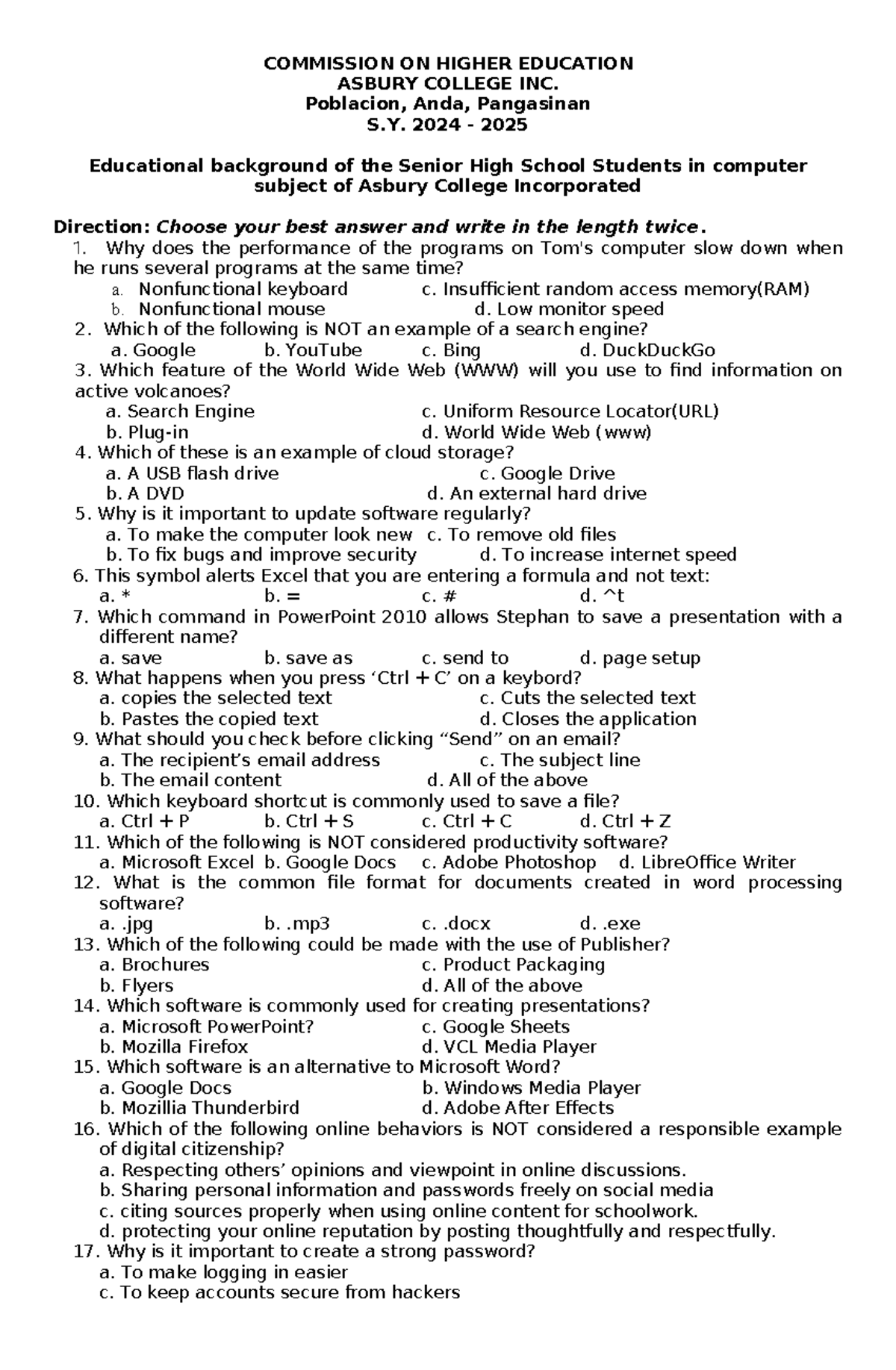 Proficiency Test Sample for Computer Subjects - Asbury College S.Y ...