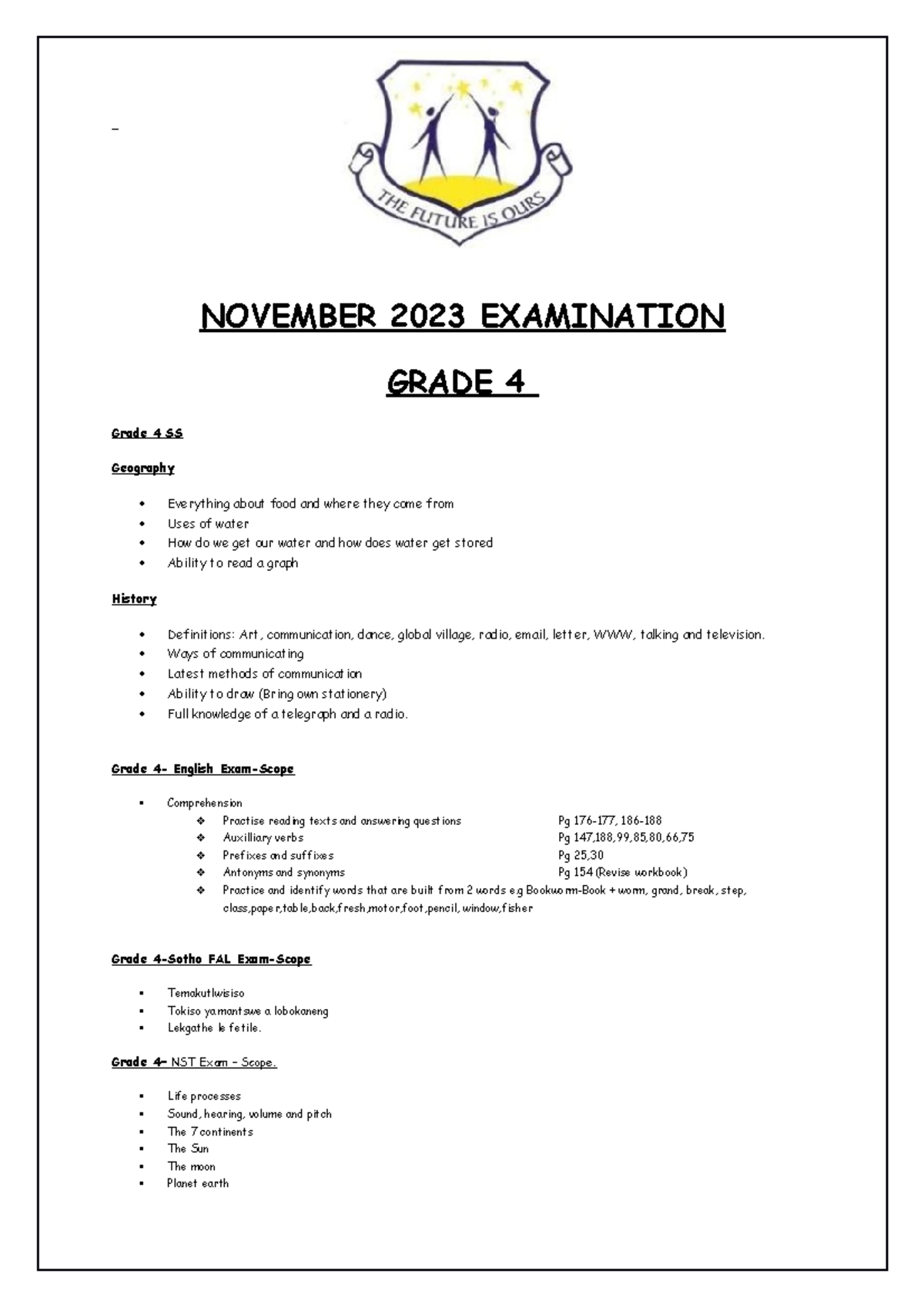 Grade 4-7 Exam Scope for November 2023 Term 4 Examination - Studocu