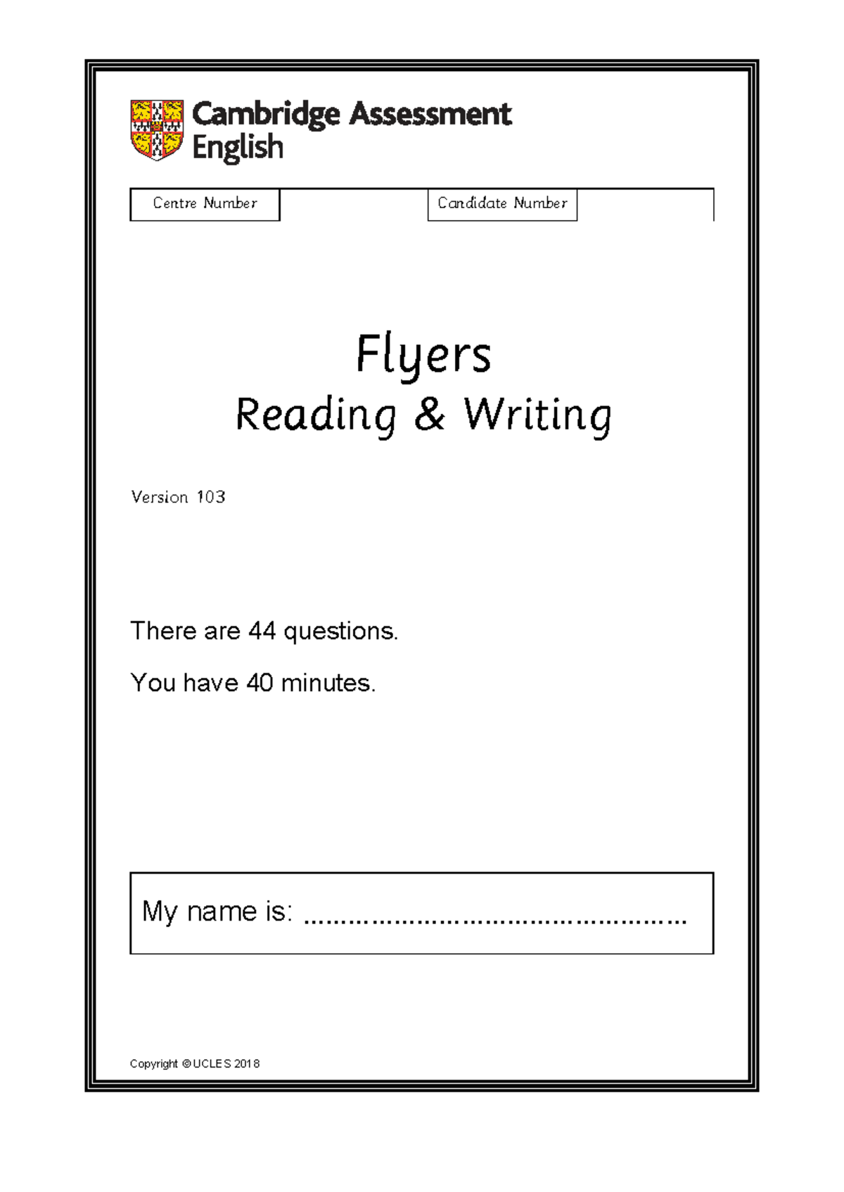 Flyers Reading & Writing Practice - Version 103 - Studocu