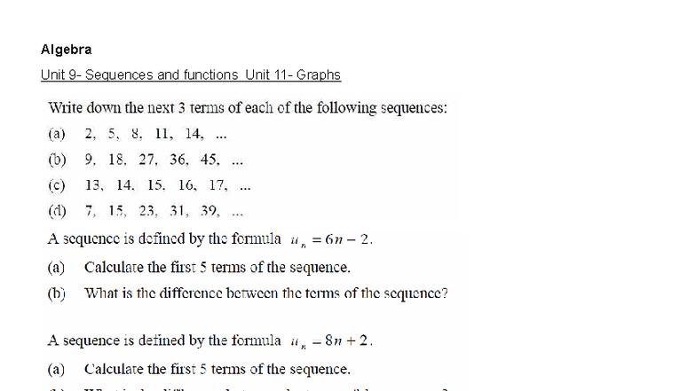 Algebra Unit 11: Sequences & Functions Practice Worksheet - Studocu