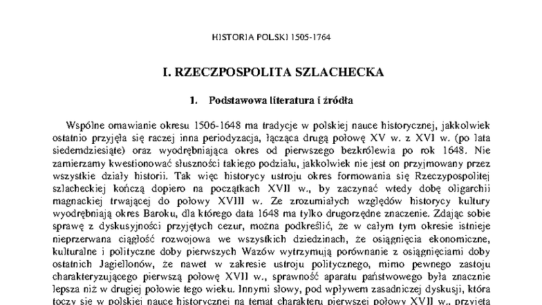 Historia Polski 1505-1764: Rzeczpospolita Szlachecka i Gospodarka - Studocu