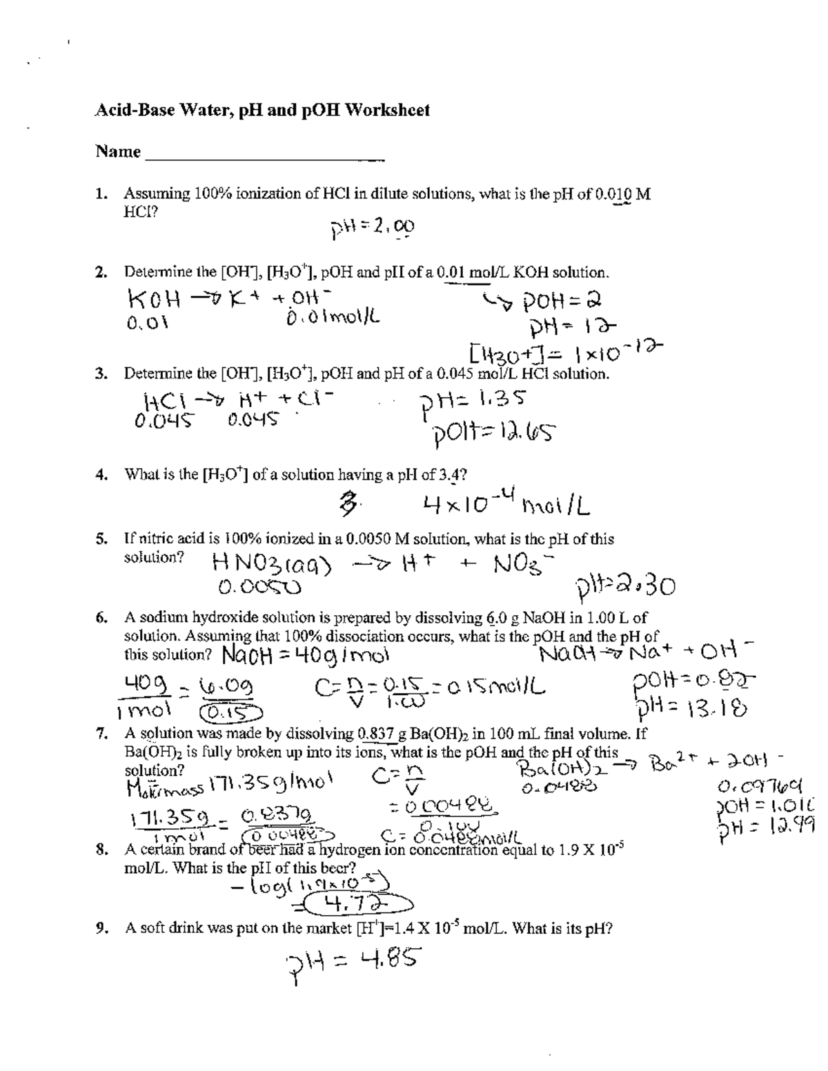 Acid-Base Concepts: pH and pOH Worksheet - Lecture Notes - Studocu