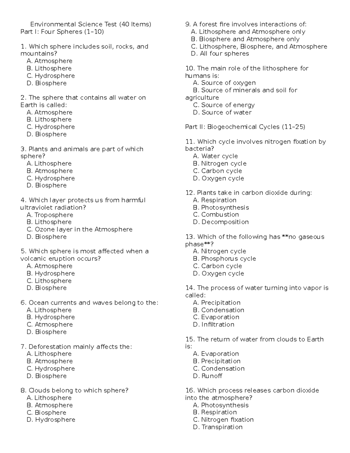 Environmental Science Test (40 Items) - Four Spheres & Cycles - Studocu