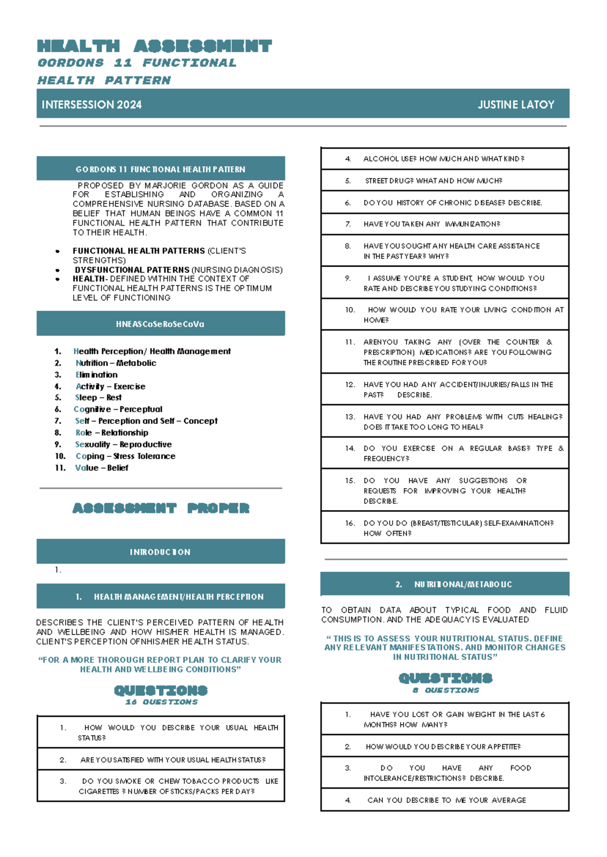 Gordon's 11 Functional Health Patterns - Intersession 2024 Guide - Studocu