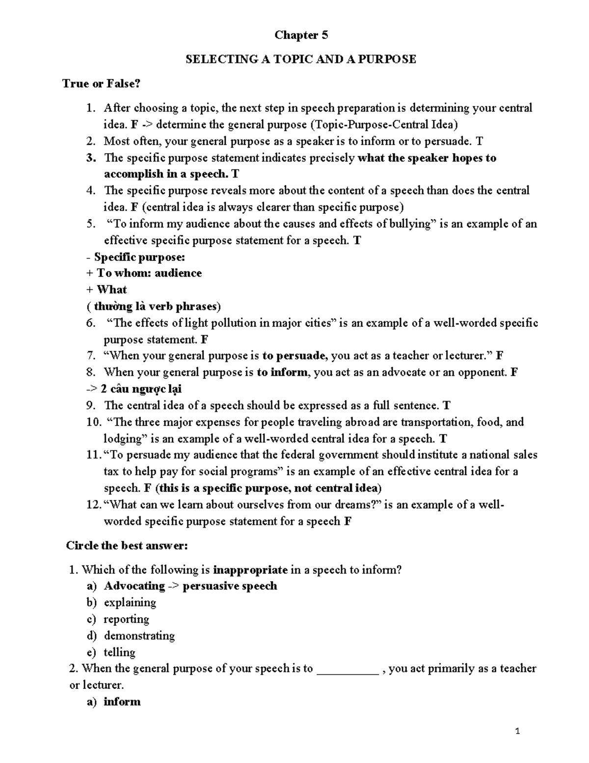 Chapter 5 - Selecting a Topic and Purpose: True or False Test Bank ...