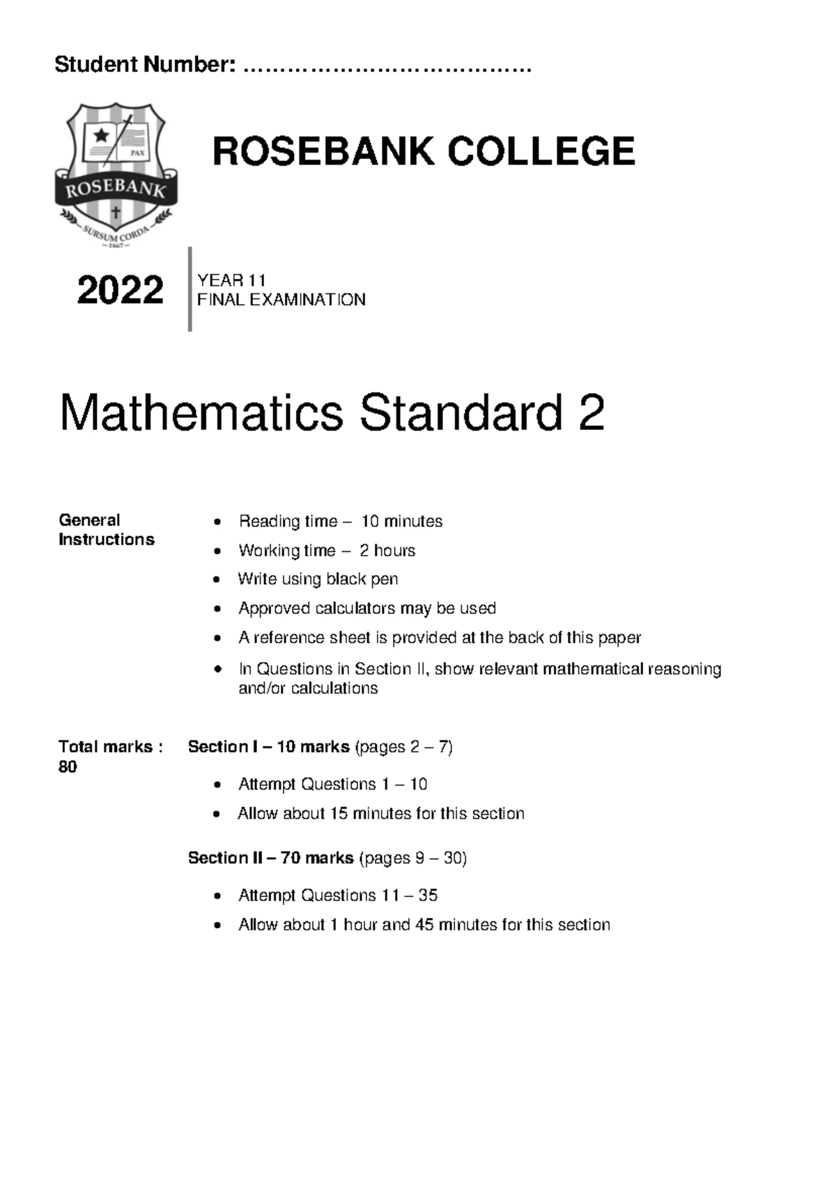Yr 11 Standard Prelim Task 3 2023 - Student Number: Rosebank College ...
