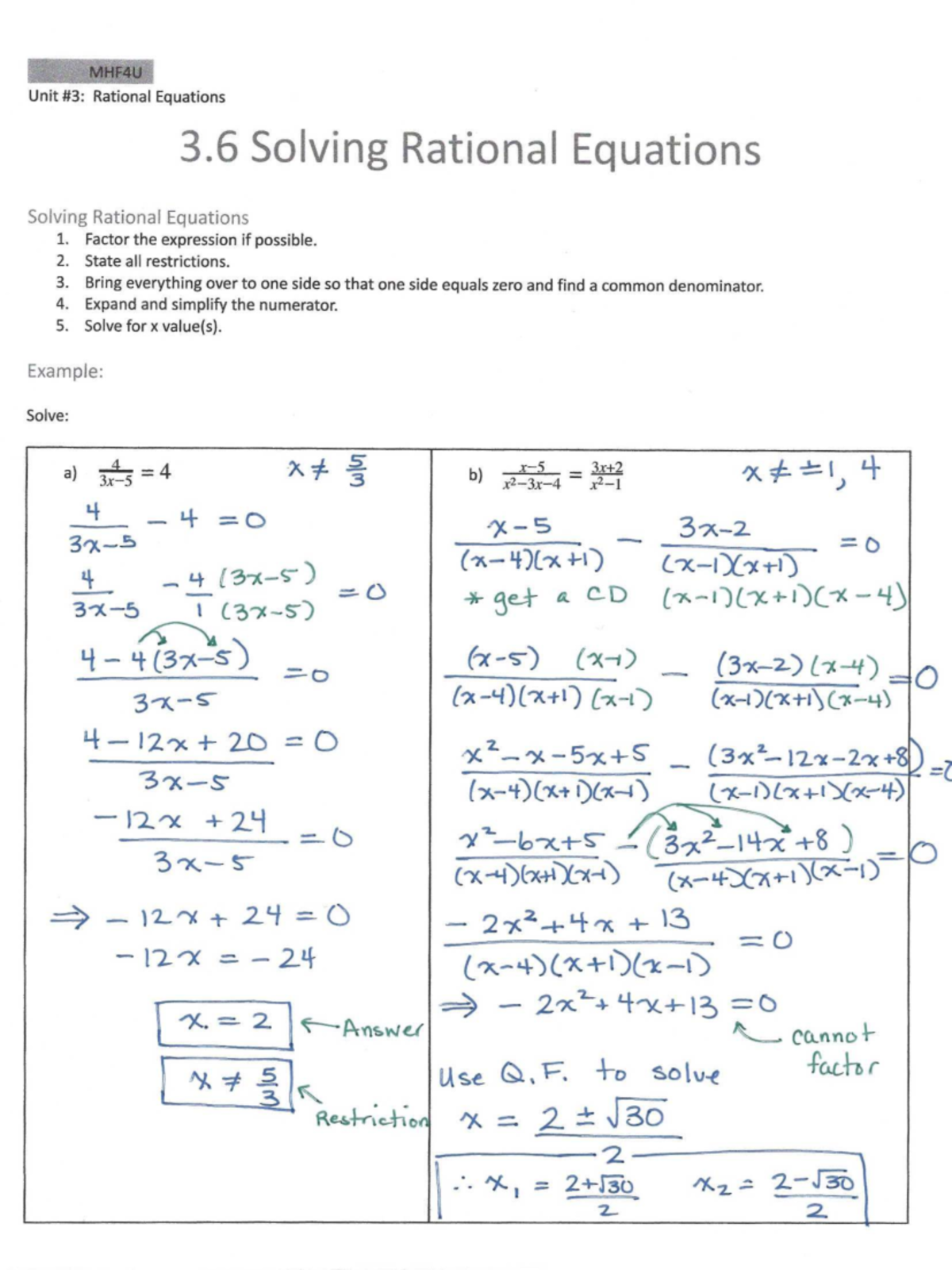 3.6 Rational Equations filled in - MHF4U Unit Rational Equations 3 ...