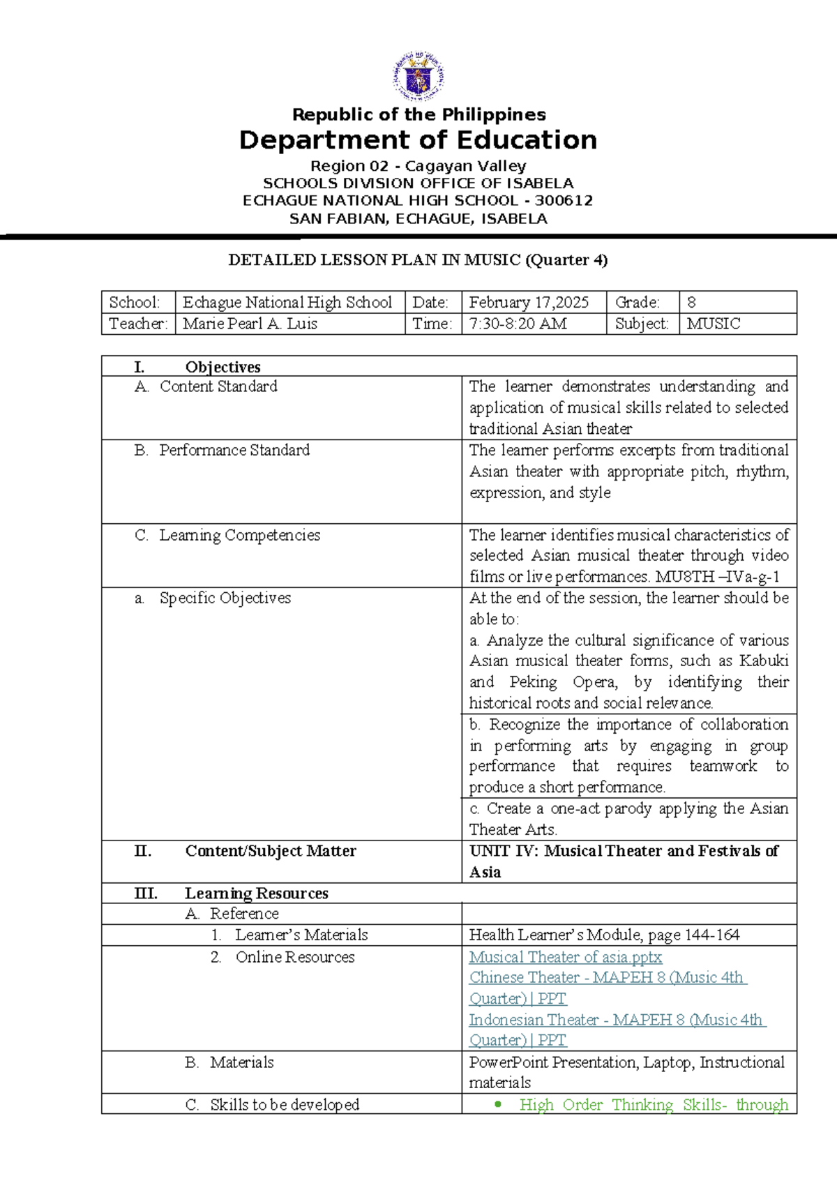 DLP: Detailed Lesson Plan in Music for Grade 8 (4th Quarter) - Studocu