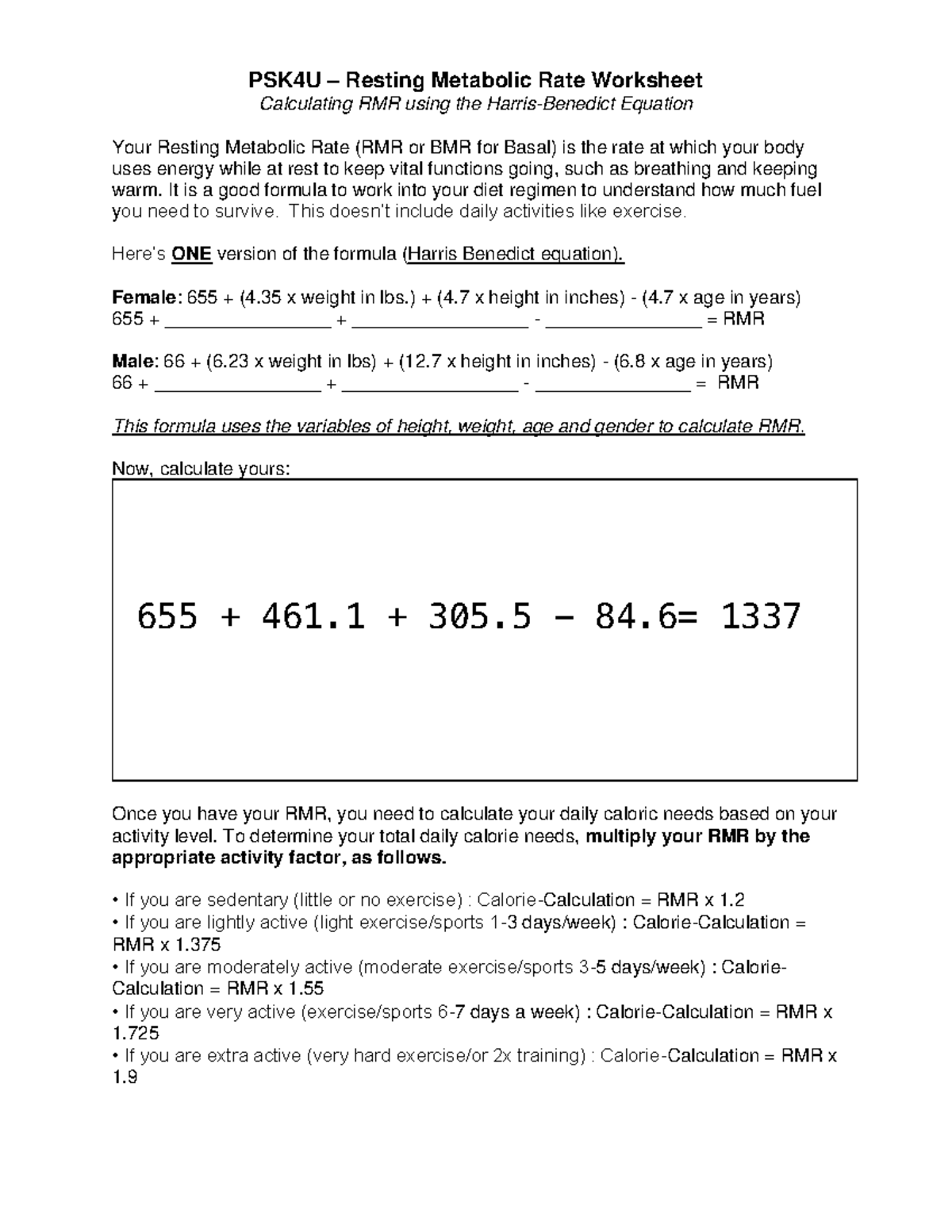 PSK4U RMR Calculation Worksheet for Assignment 1 - Studocu
