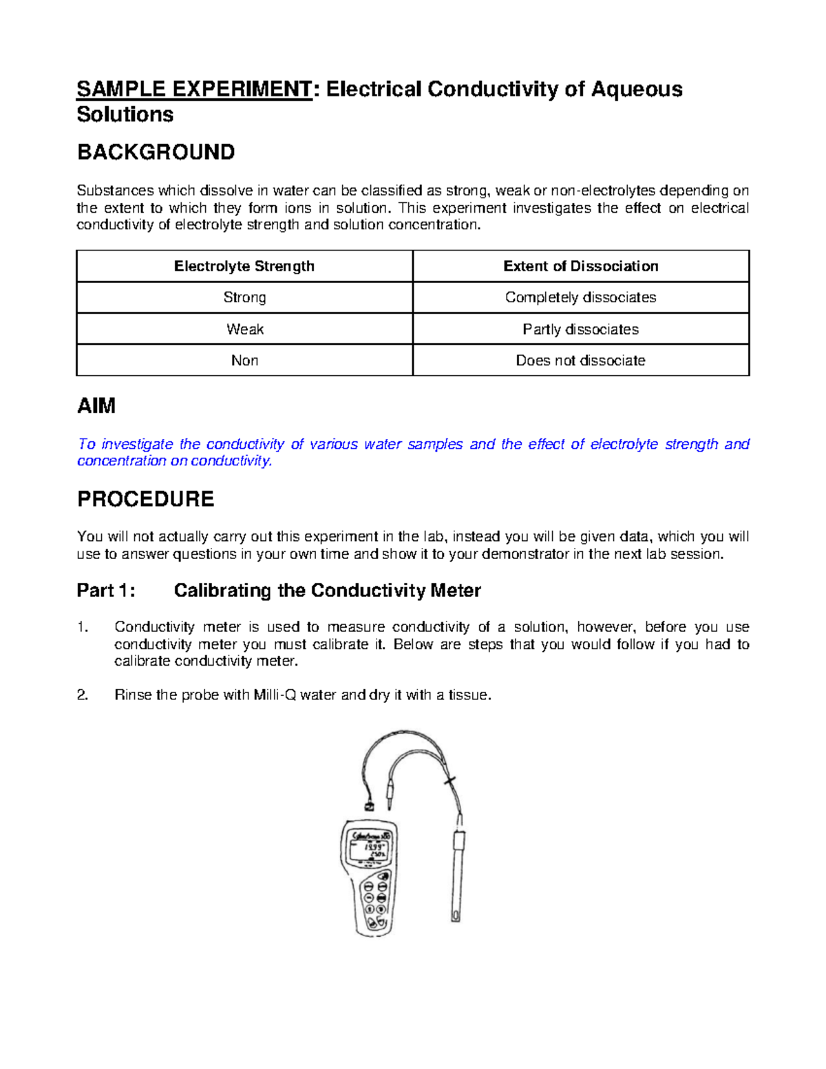 CHE100 Sample Experiment on Electrical Conductivity in Solutions - Studocu
