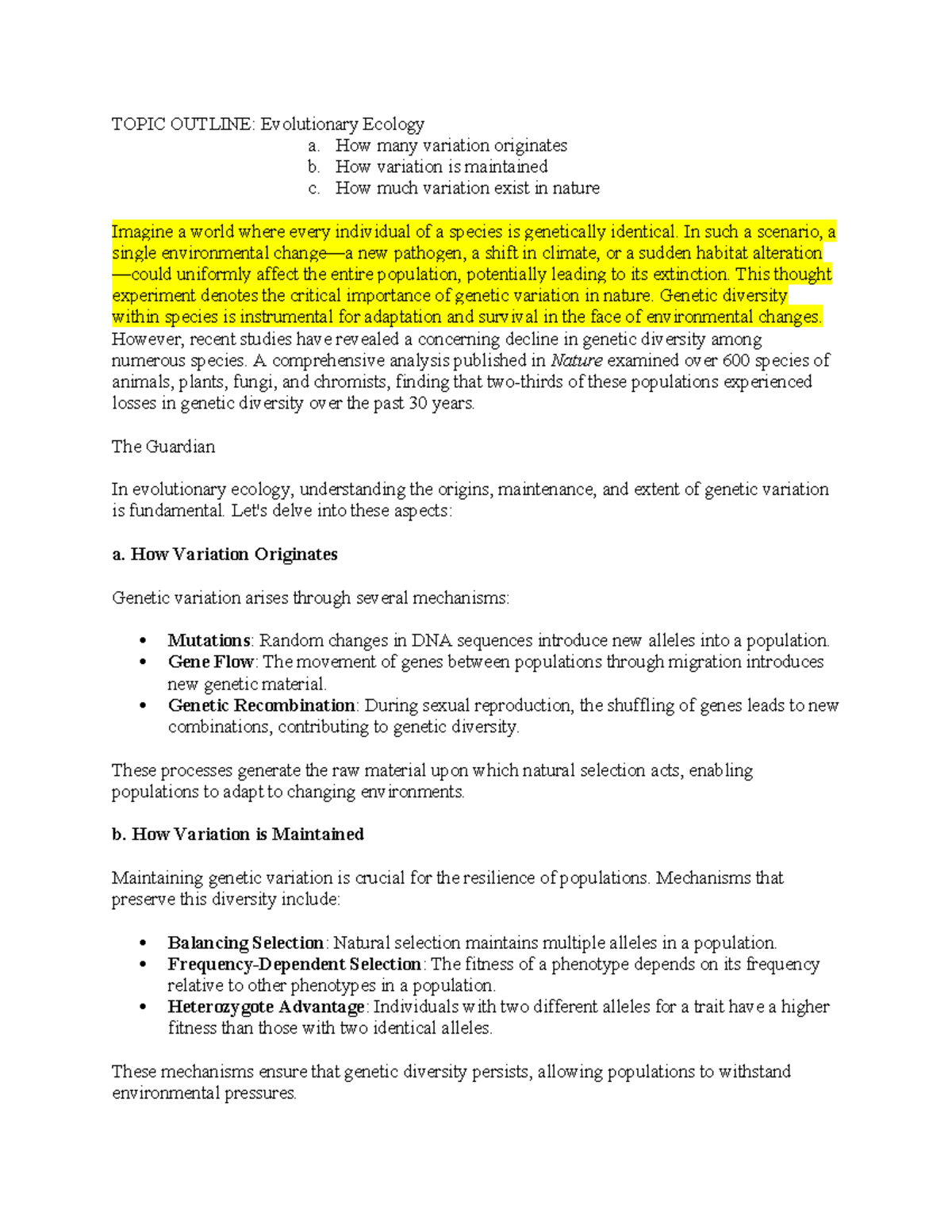 Evolutionary Ecology: Understanding Genetic Variation and Its ...