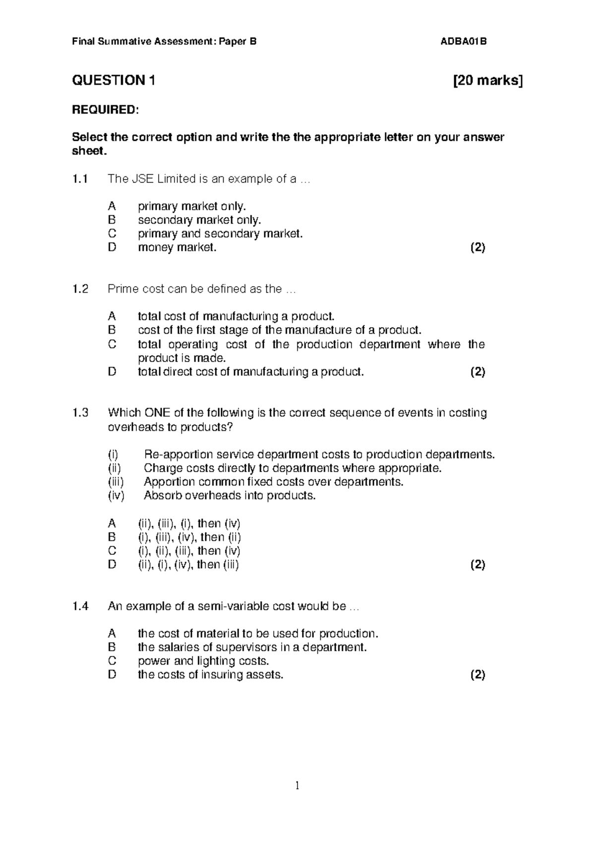 Final Summative Assessment: Paper B ADBA01B Accounting Past Paper 1 - Studocu
