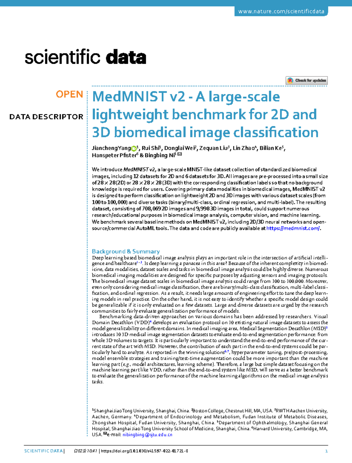 MedMNIST v2: A Lightweight Benchmark for 2D & 3D Biomedical Image Classification - Studocu