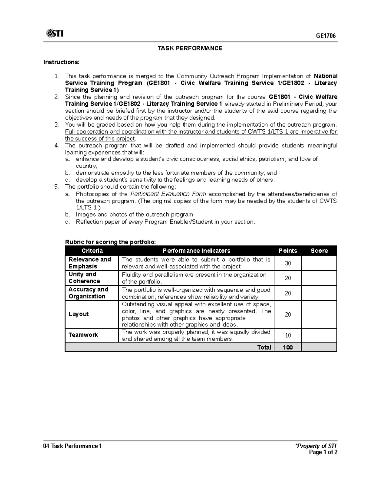 GE1801/GE1802 Community Outreach Program Task Performance Guide - Studocu