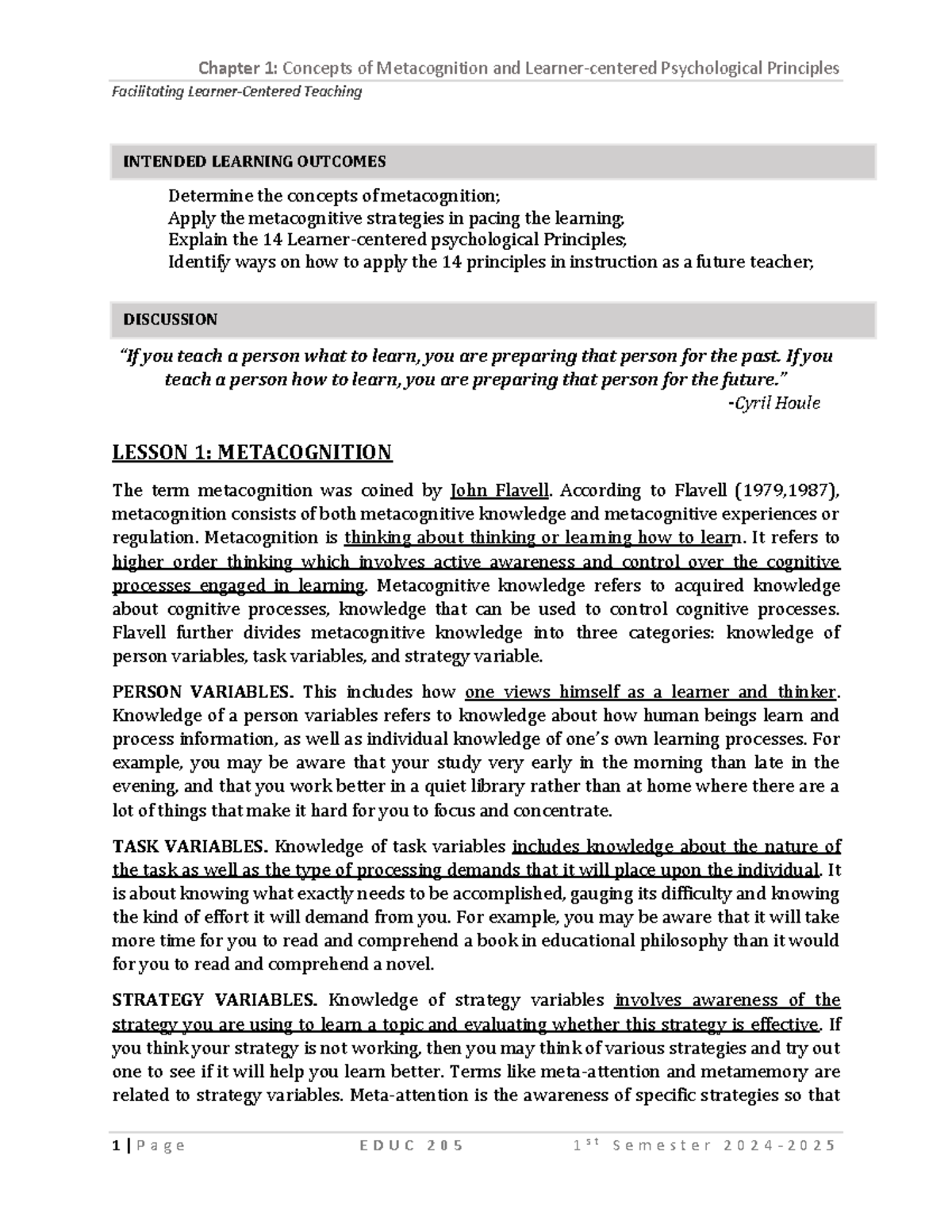 FLCT Chapter 1 Lesson 1 & 2 - Facilitating Learner-Centered Teaching Determine the concepts of ...
