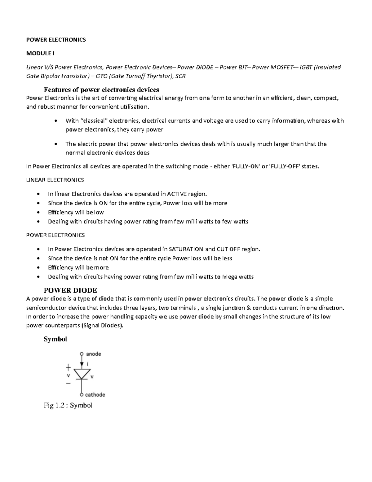 Module-1 Abi - Power electronics - POWER ELECTRONICS MODULE I Linear V/S Power Electronics ...