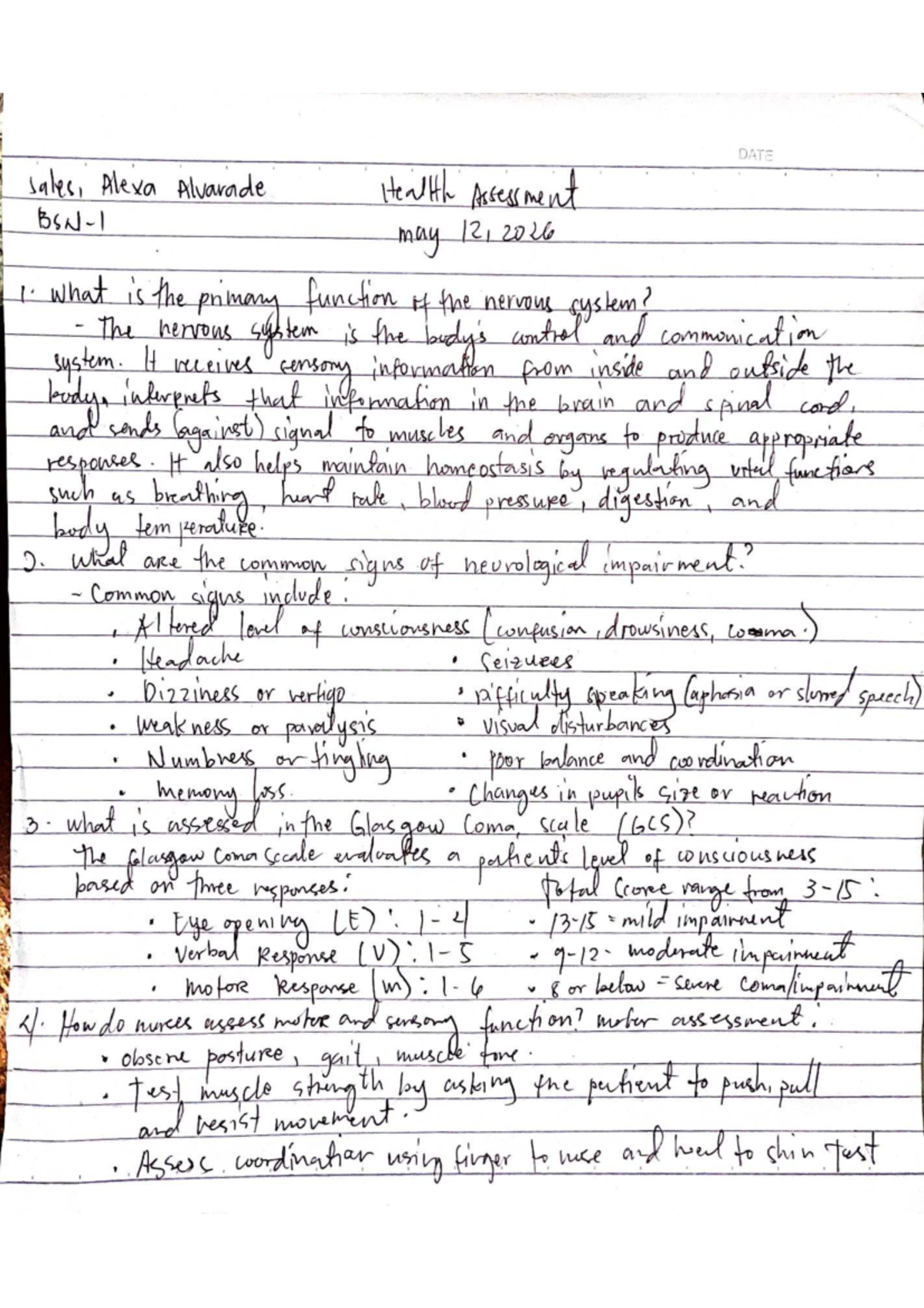 DATE Health Assessment: Nervous System & Neurological Impairments - Studocu
