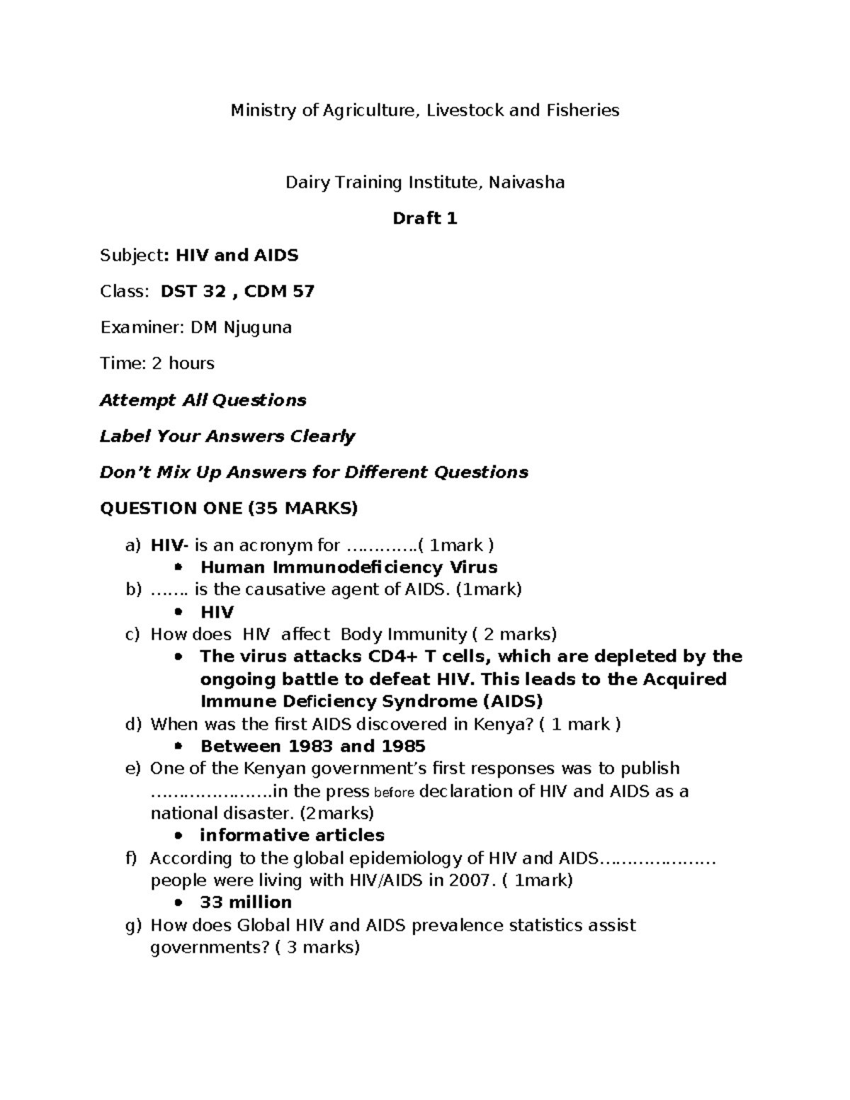 HIV and AIDS Paper 1 - DST 32, CDM 57 End of Semester Exam - Studocu