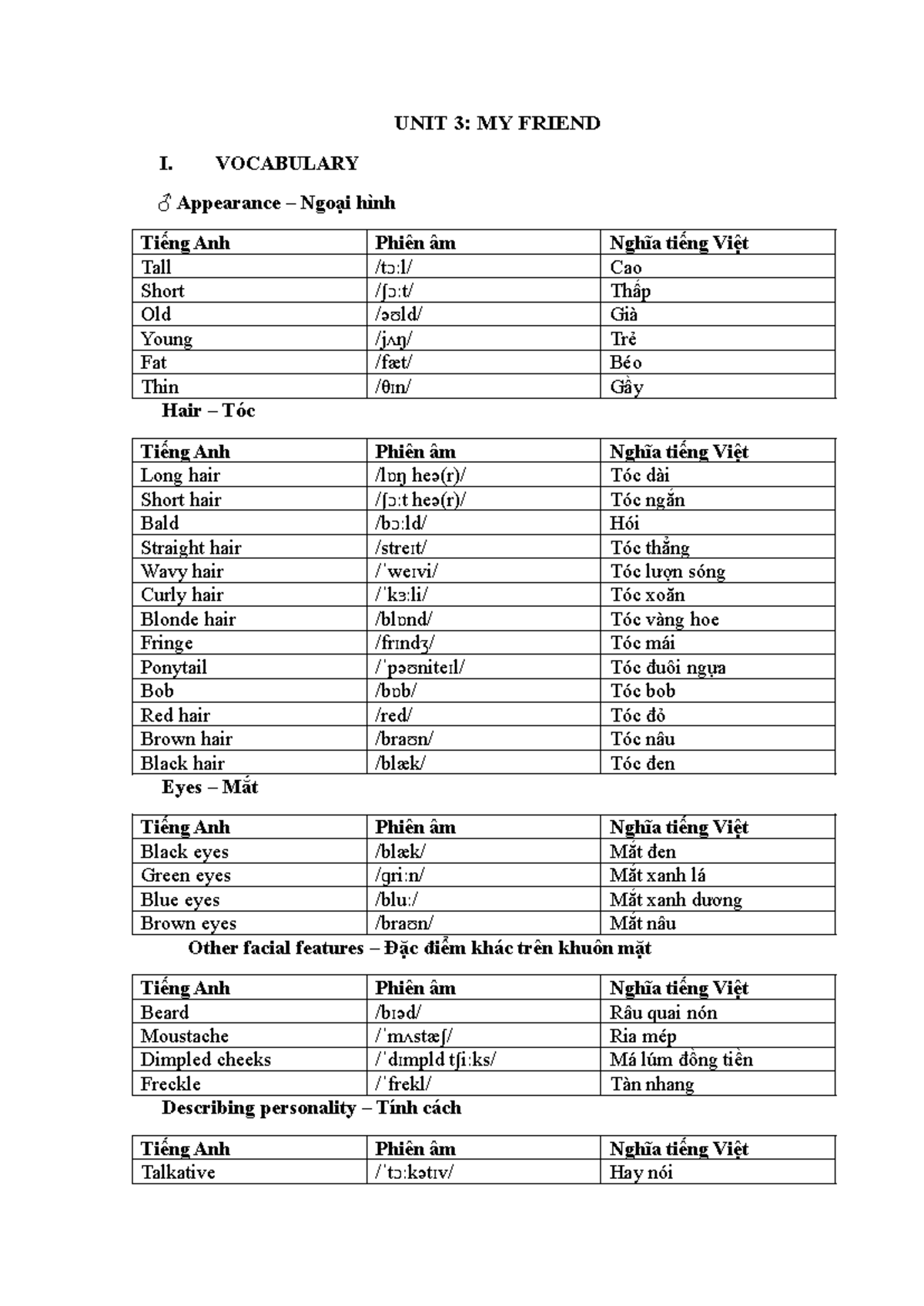 UNIT 3: MY FRIEND - Vocabulary & Grammar Notes - Studocu