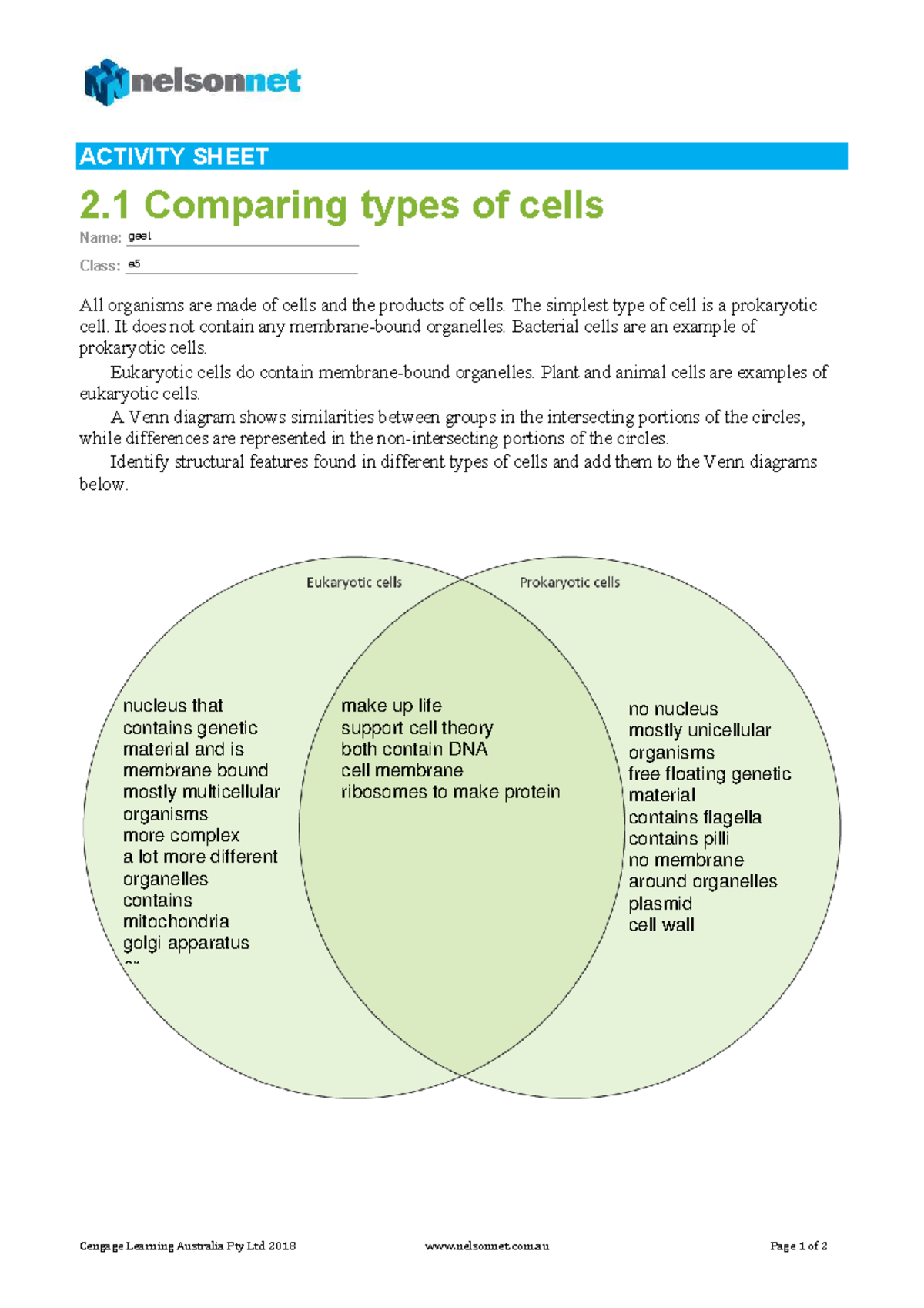 ACTIVITY SHEET 2.1: Comparing Prokaryotic & Eukaryotic Cells - Studocu