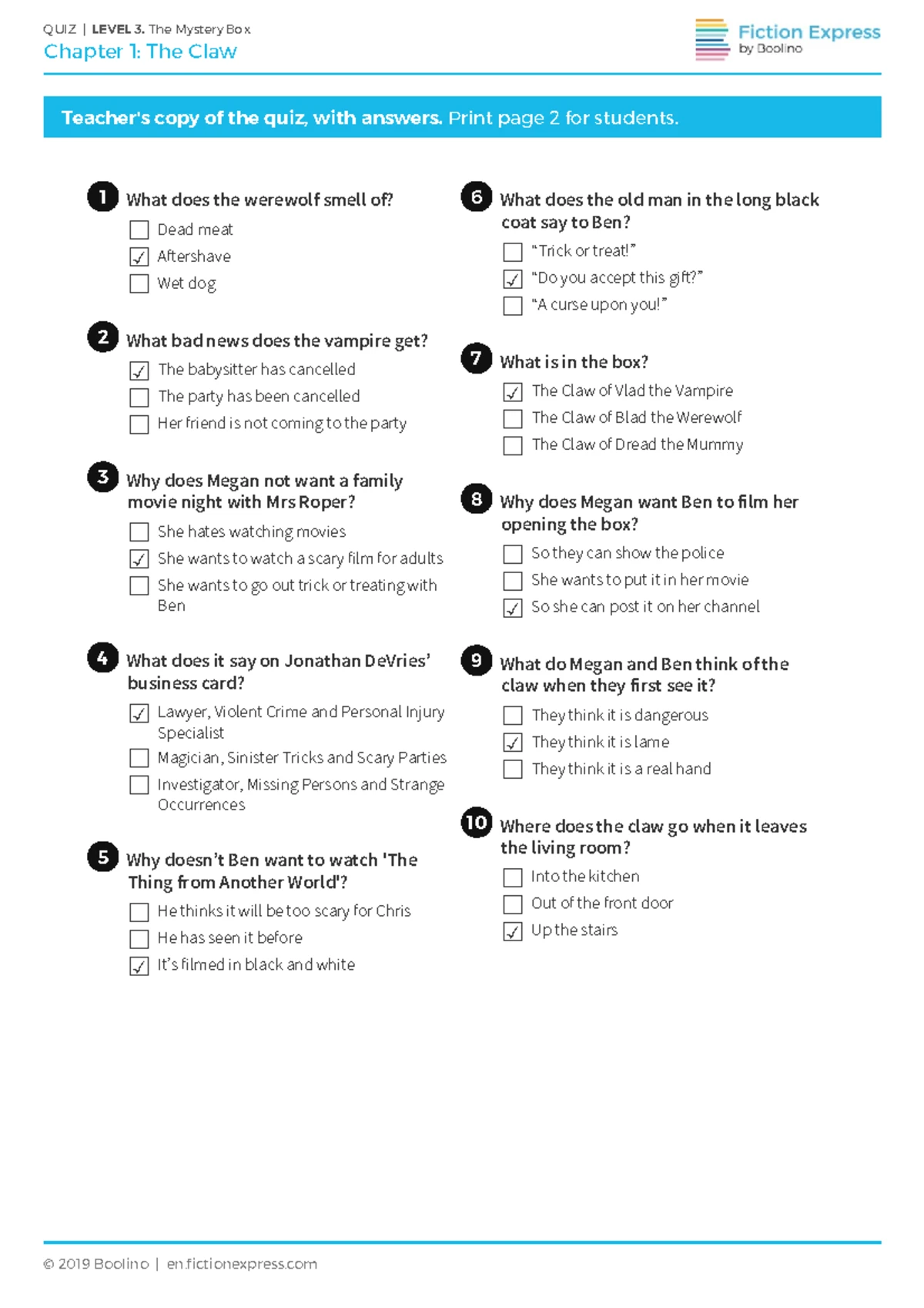 Quiz 4 Answers - Fiction Express: The Mystery Box, Level 3 - Studocu