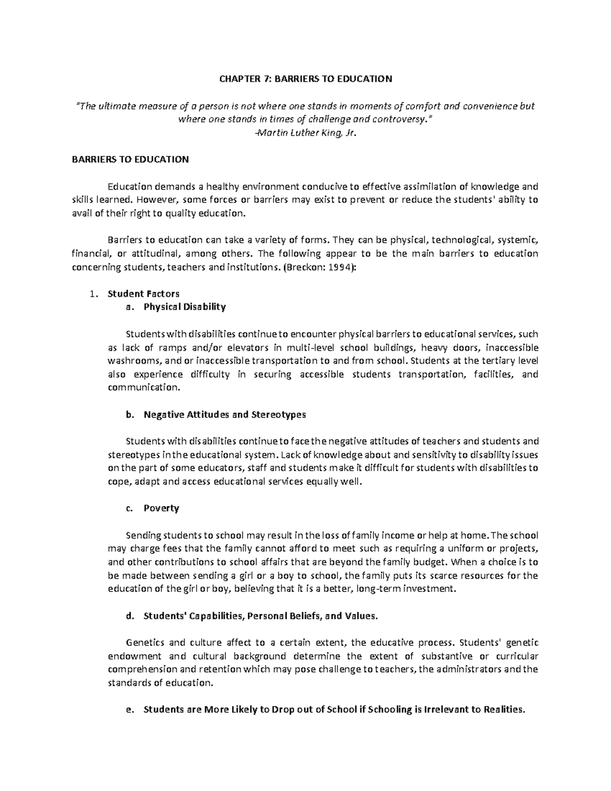 NCM 102 - Educational Barriers and Curriculum Insights - Chapter 7 ...