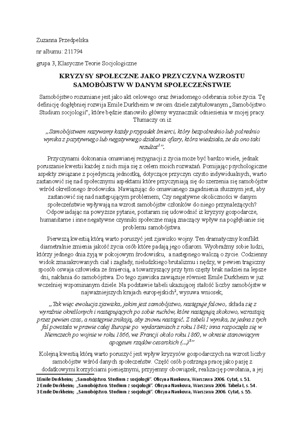 Klasyczne Teorie Socjologiczne, praca Zuzanna Przedpełska - Zuzanna Przedpelska nr albumu ...