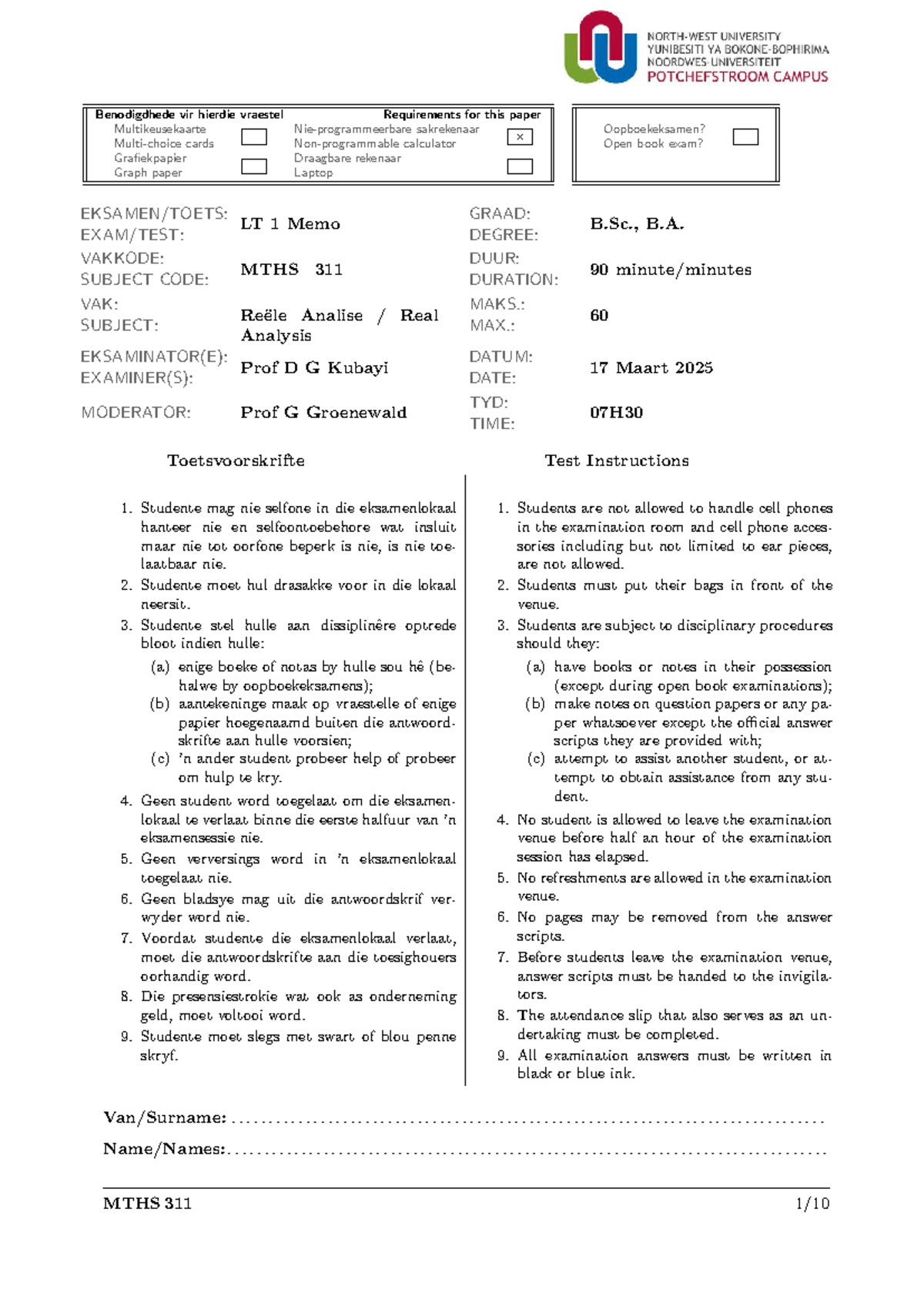 MTHS311 2025 LT 1 Memo - Exam Requirements & Instructions - Studocu