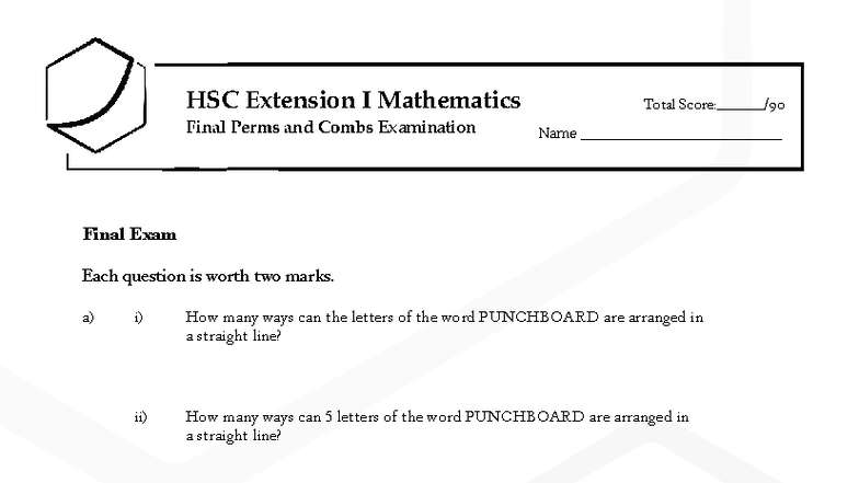 HSC Extension I Mathematics Final Exam: Permutations & Combinations ...
