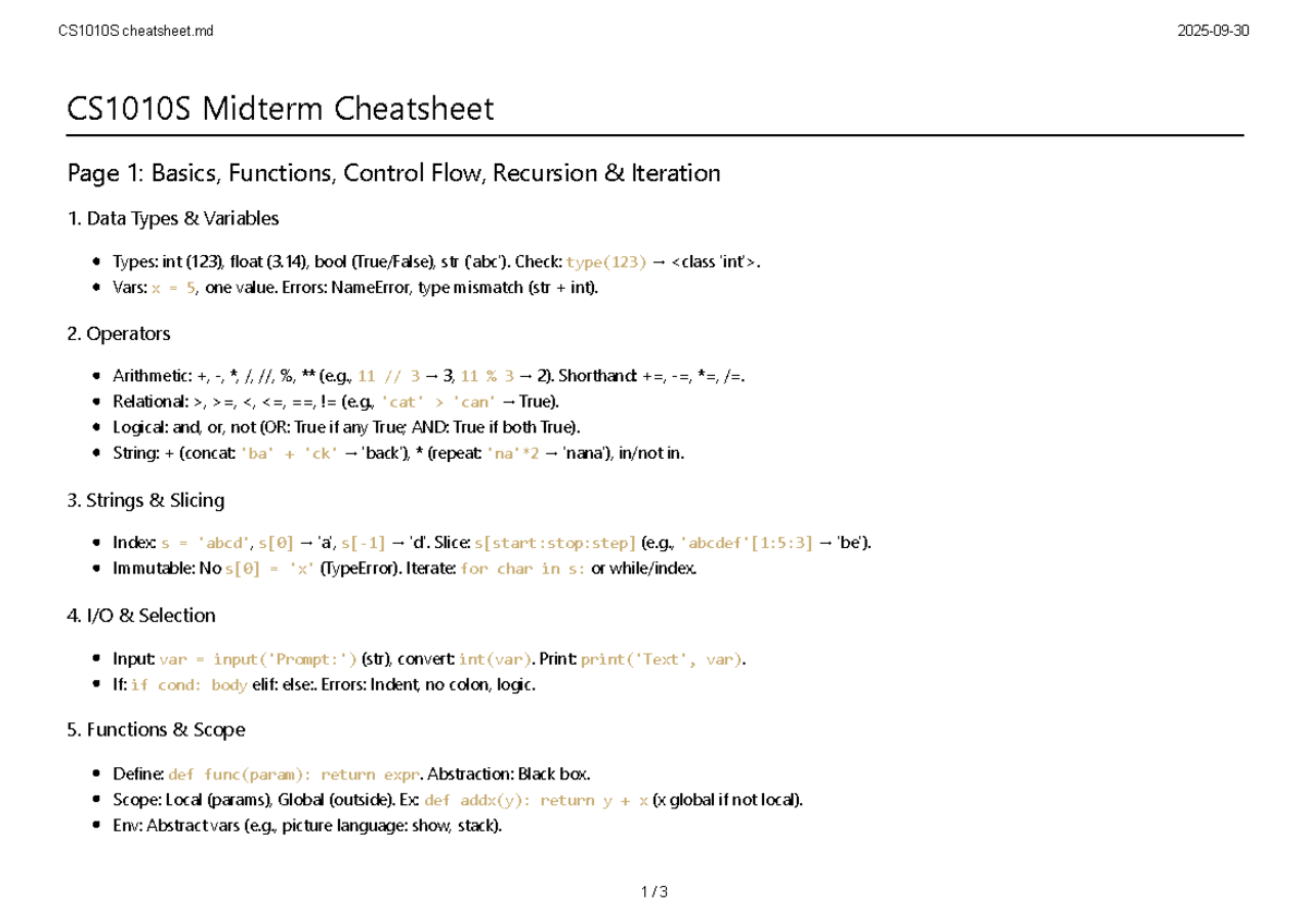 CS1010S Midterm Study Cheatsheet: Basics to Recursion - Studocu