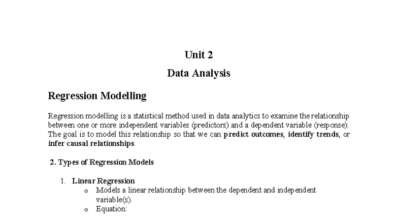 Unit 2: Data Analysis & Regression Modelling Techniques - Studocu