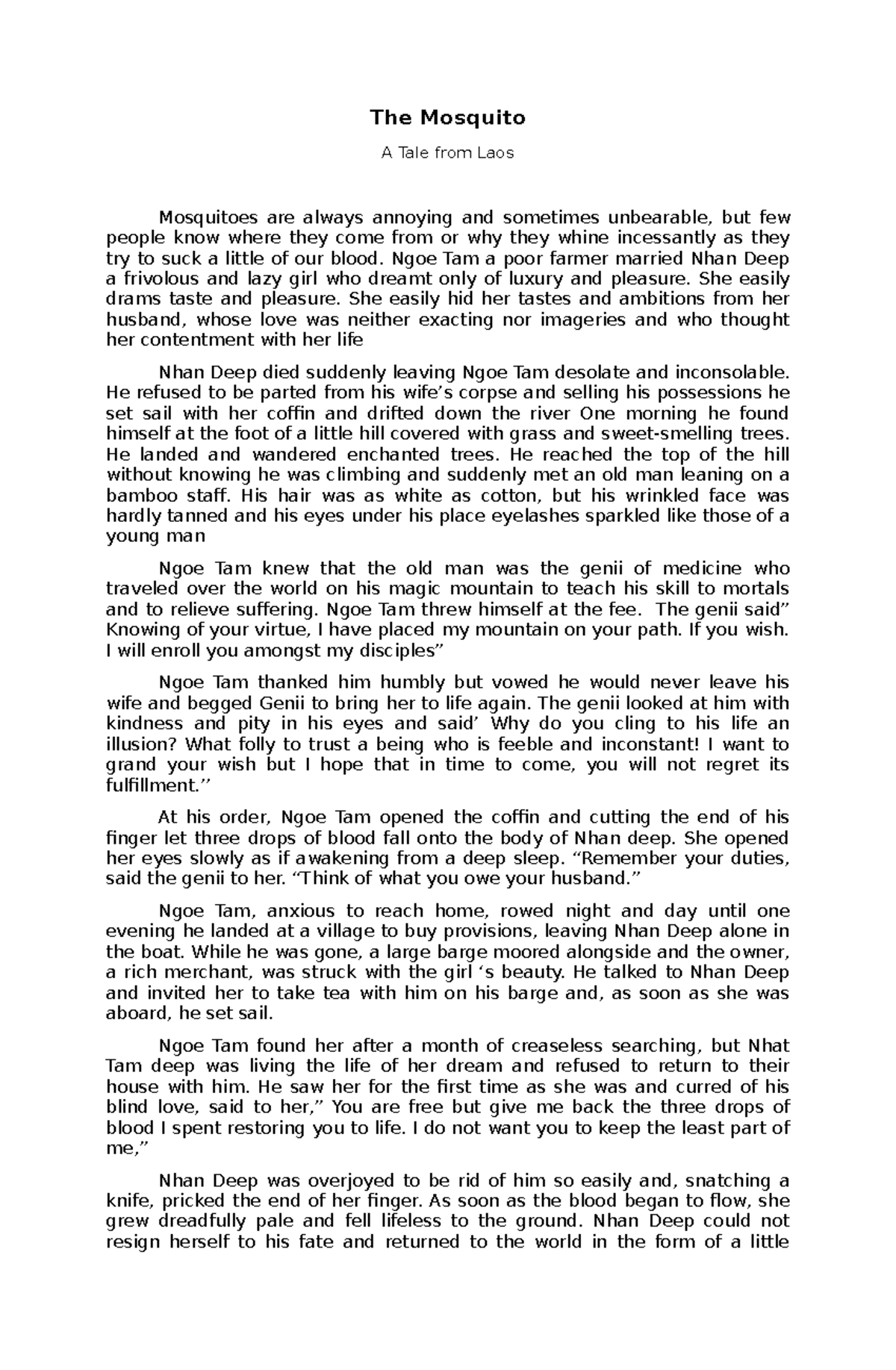 A Tale from Laos: The Myth of the Mosquito - Studocu