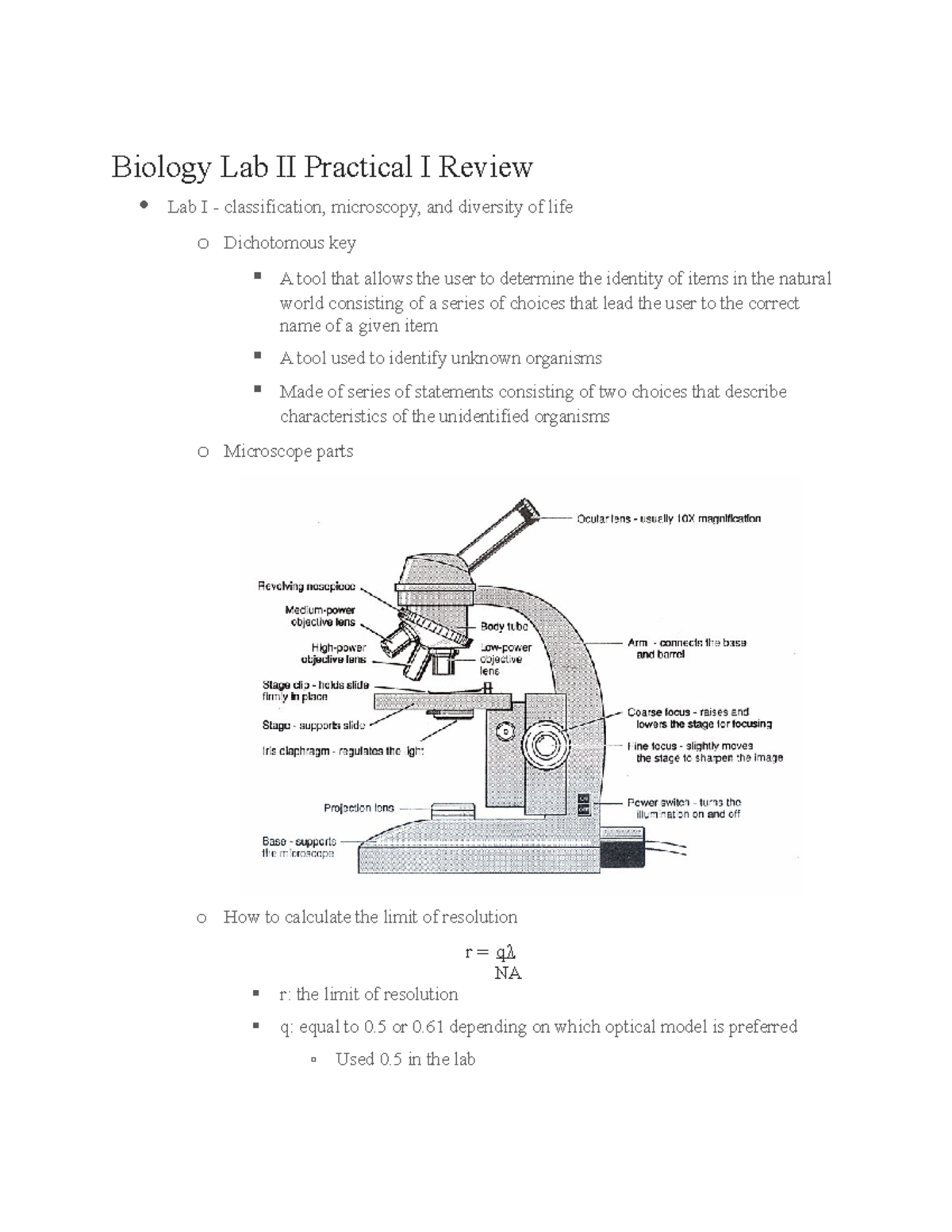 Bio Lab II Practical Review 1: Classification & Microscope Techniques ...
