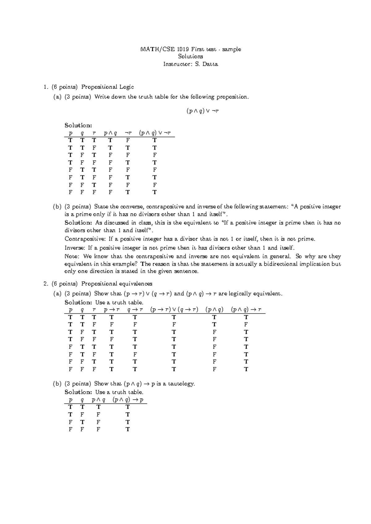 1019 Discrete Math Sample Test Solutions - Studocu