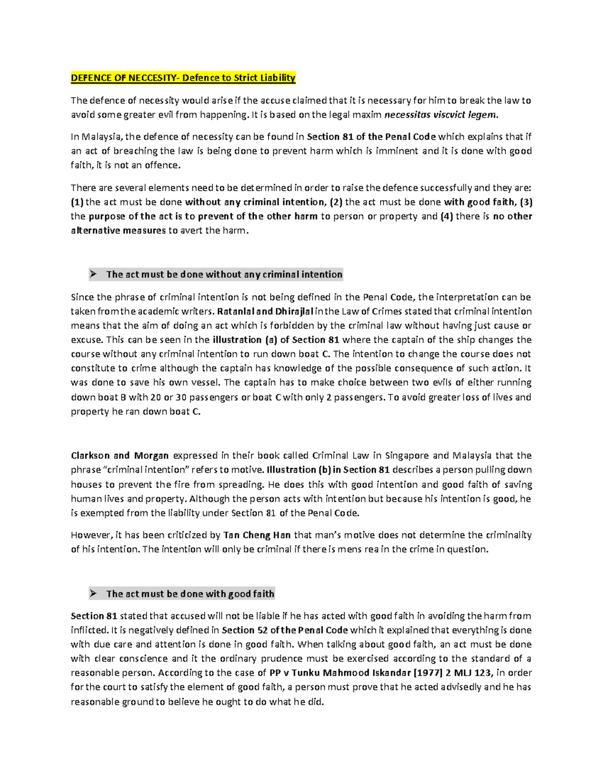 DEFENCE OF NECESSITY: Strict Liability Insights (LAW 101) - Studocu