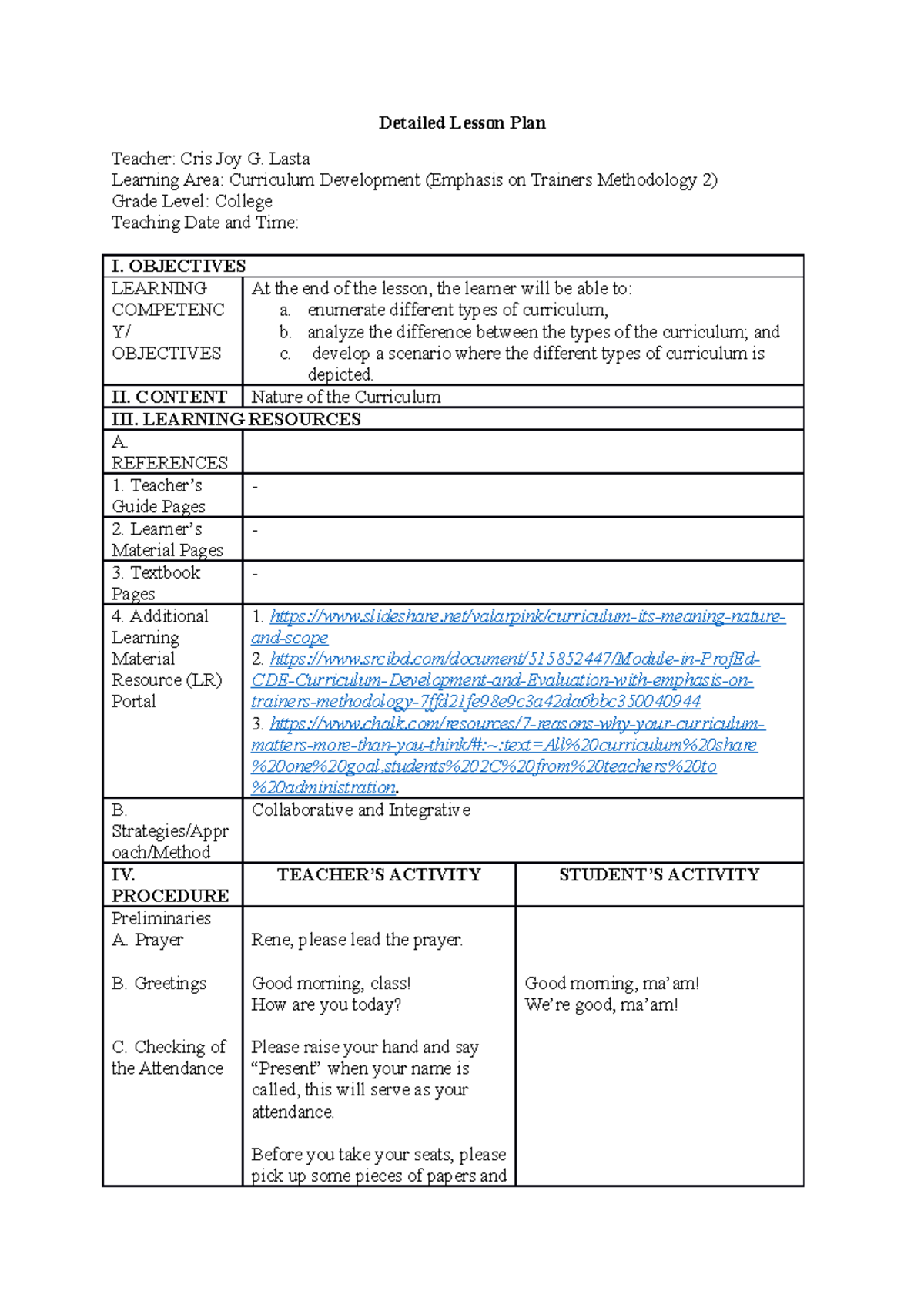 Detailed Lesson Plan (pck7) - Detailed Lesson Plan Teacher: Cris Joy G ...