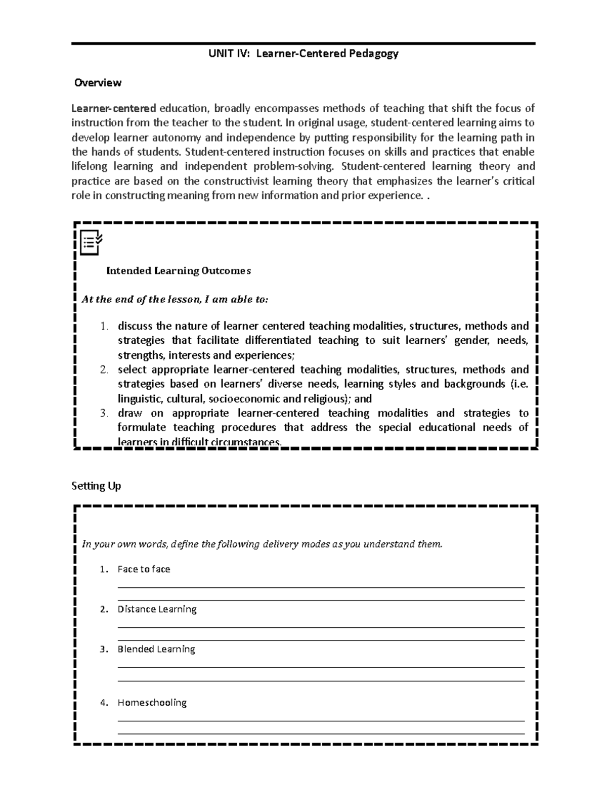 UNIT 4 Profed 3 - Lecture Notes on Learner-Centered Pedagogy - Studocu