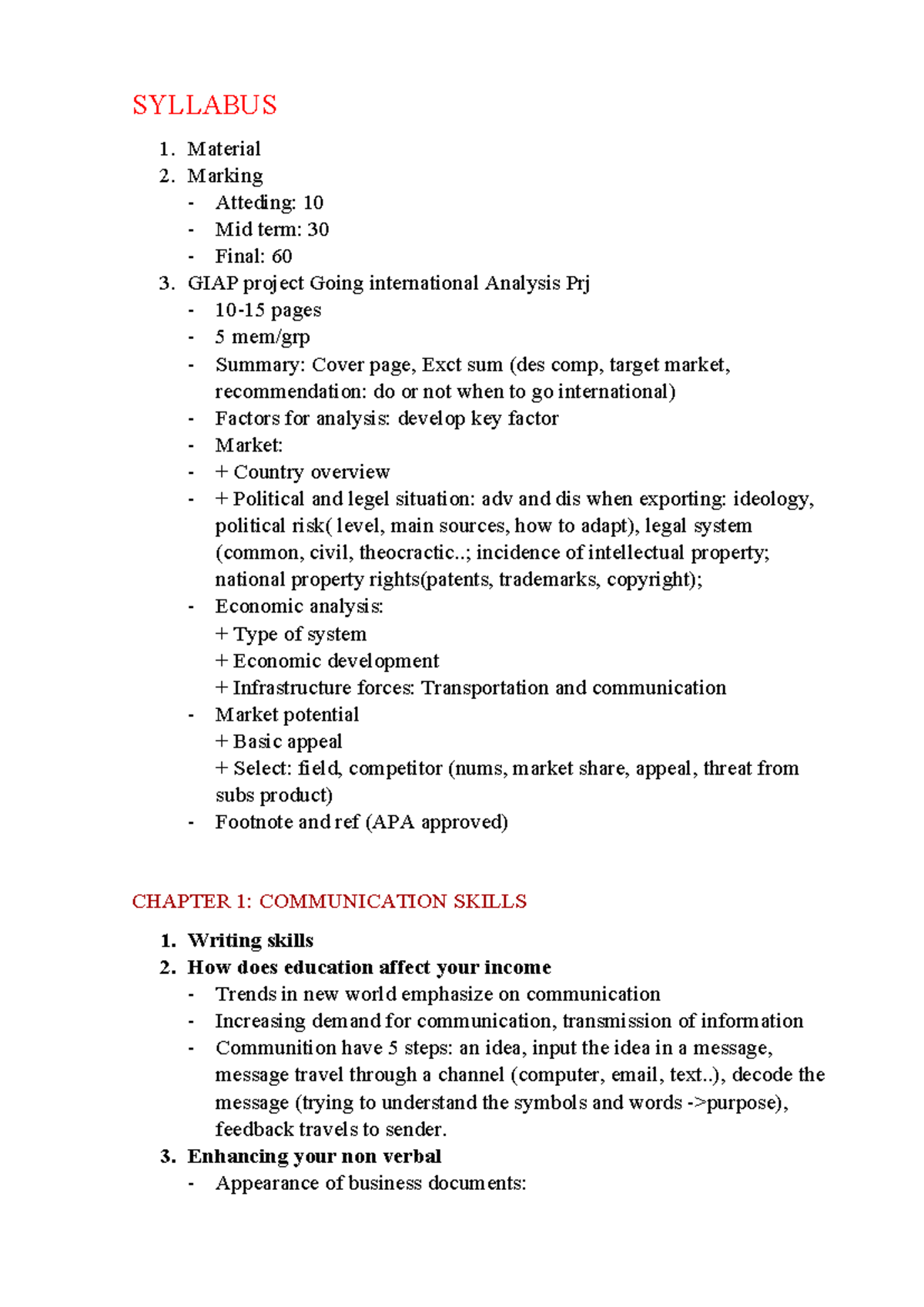 Business Communication - SYLLABUS Material Marking Atteding: 10 Mid ...