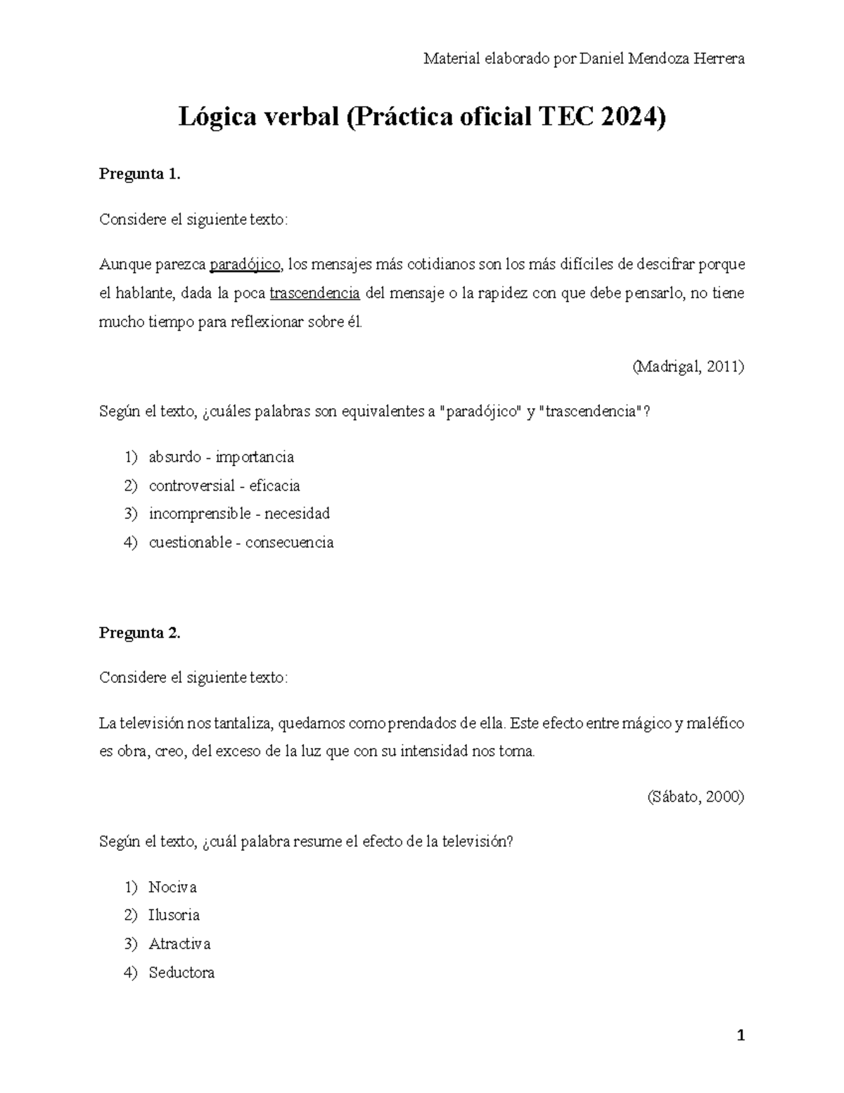 Lógica Verbal: Práctica Oficial TEC 2024 - Ejercicios y Preguntas - Studocu