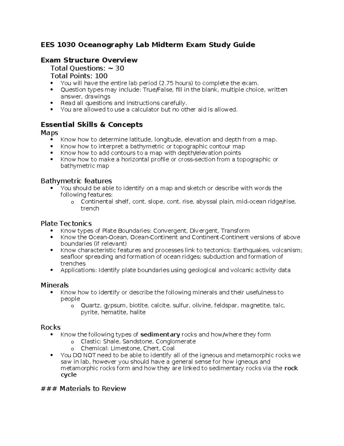 EES 1030 Oceanography Lab Midterm Exam Study Guide Overview - Studocu