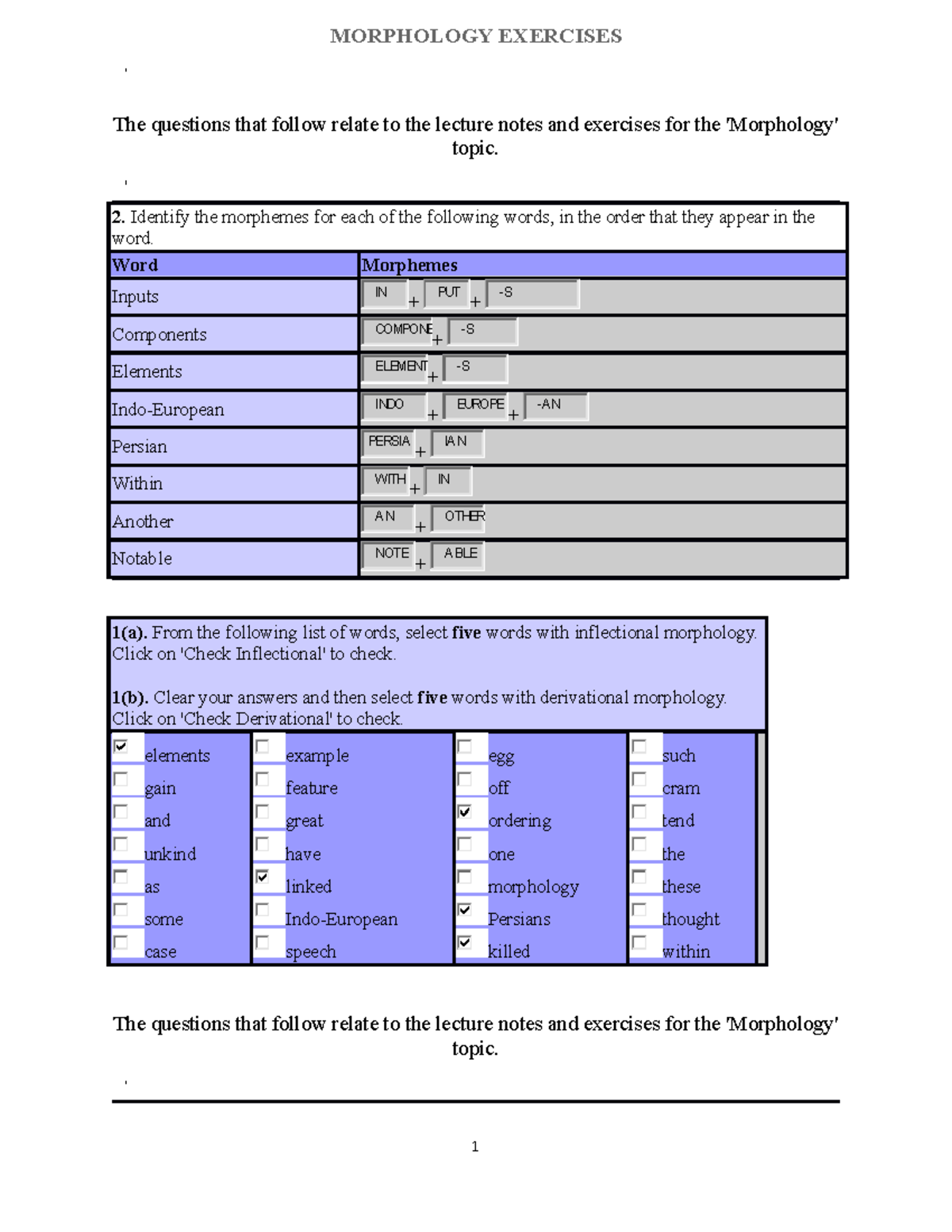 Morphology Exercises - MORPHOLOGY EXERCISES The questions that follow ...