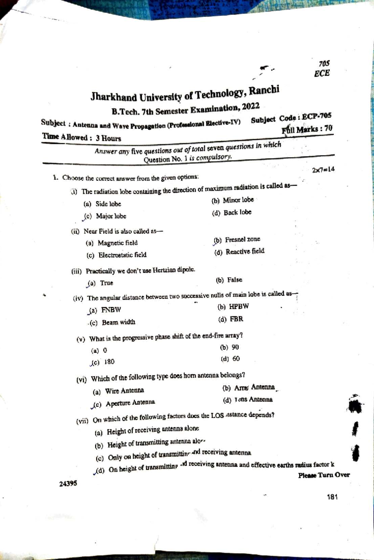 705 ECE Antenna & Wave Propagation - 7th Sem Exam 2022 - Studocu